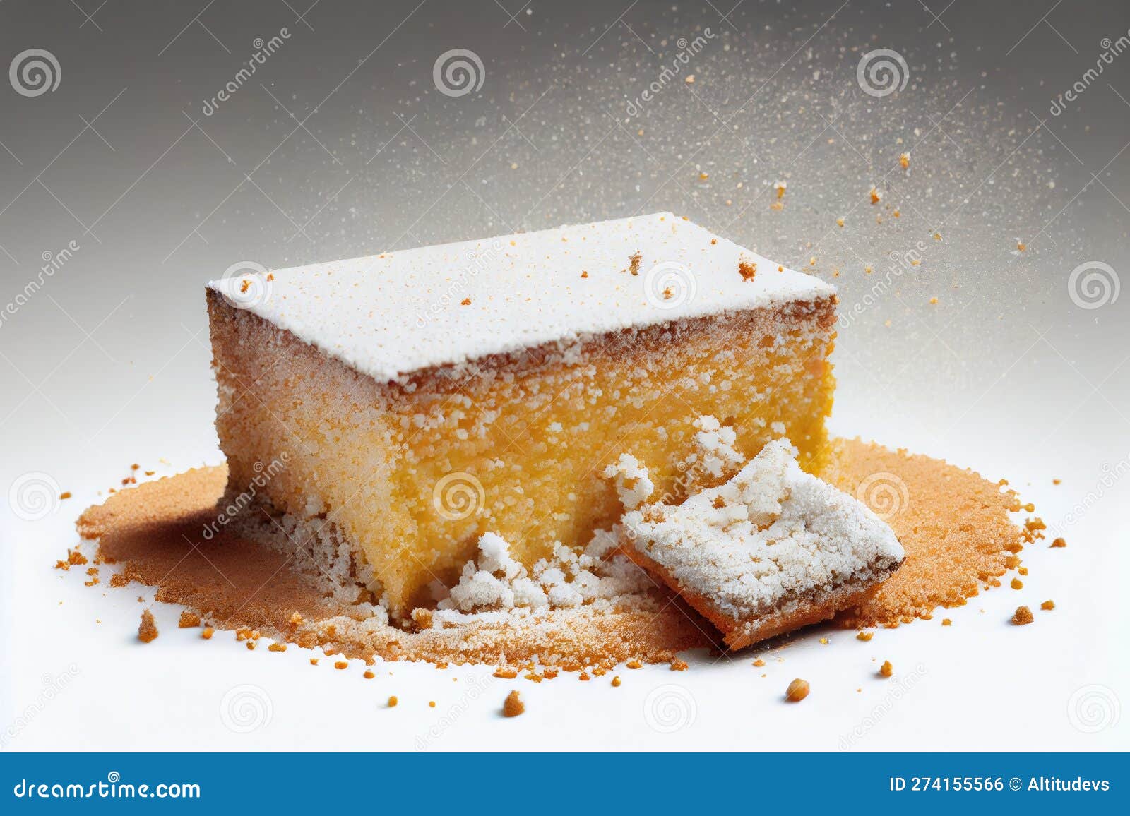 Rectangular Piece of Sponge Cake Crumbs with Powdered Sugar Stock Photo ...