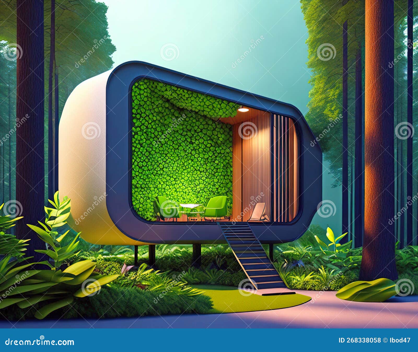 Rectangular Pod House in a Green Forest Garden AI Stock Illustration ...