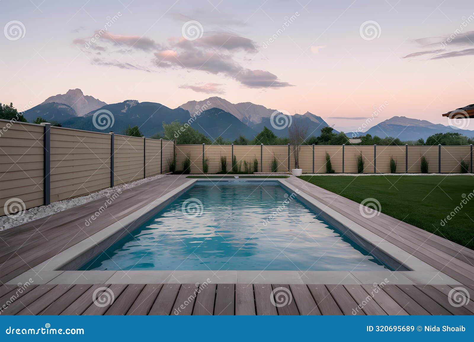 Rectangular Pool Bordered by Wooden Decking, Stylish Fence, Grassy Lawn ...