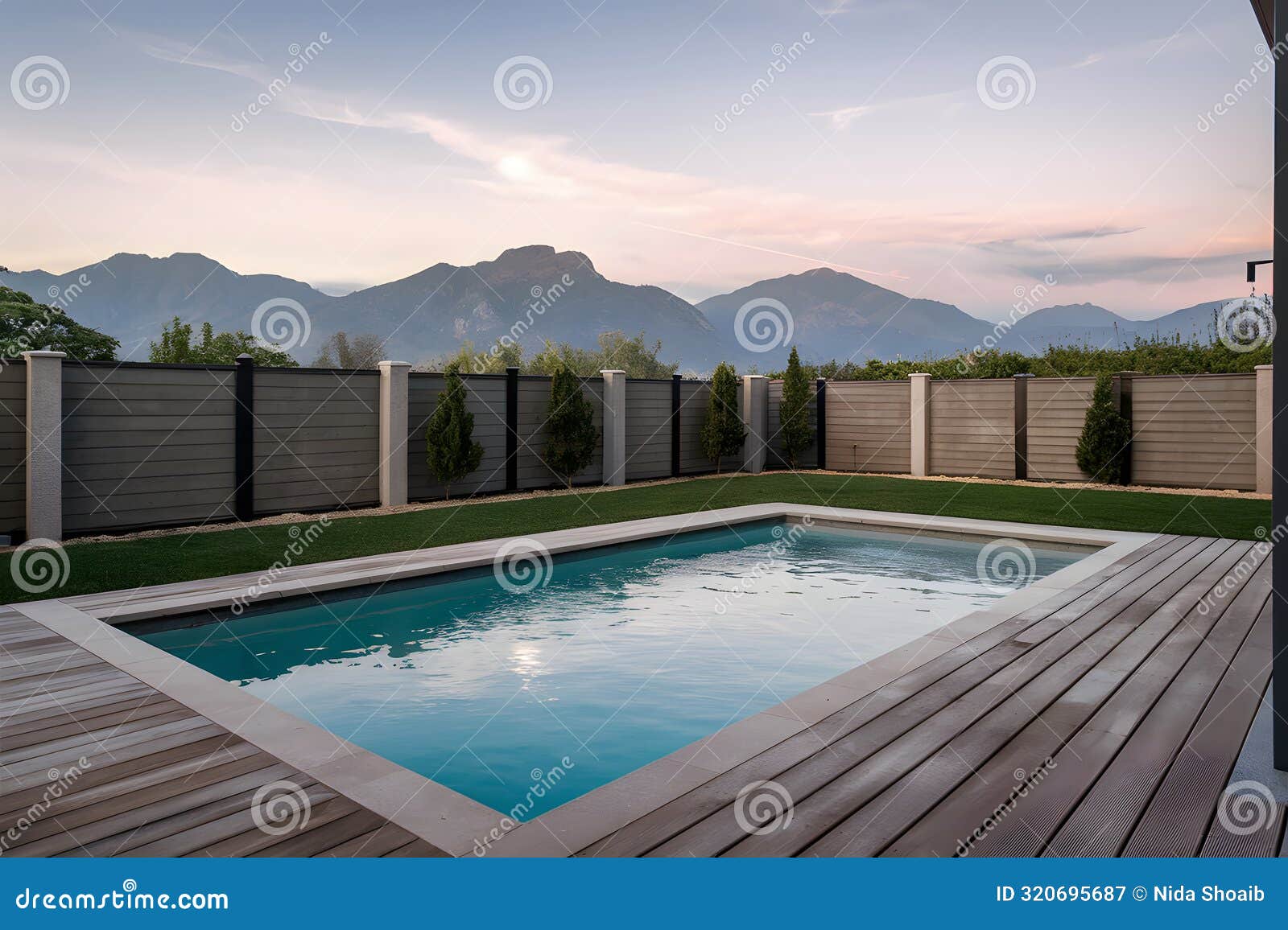 Rectangular Pool Bordered by Wooden Decking, Stylish Fence, Grassy Lawn ...