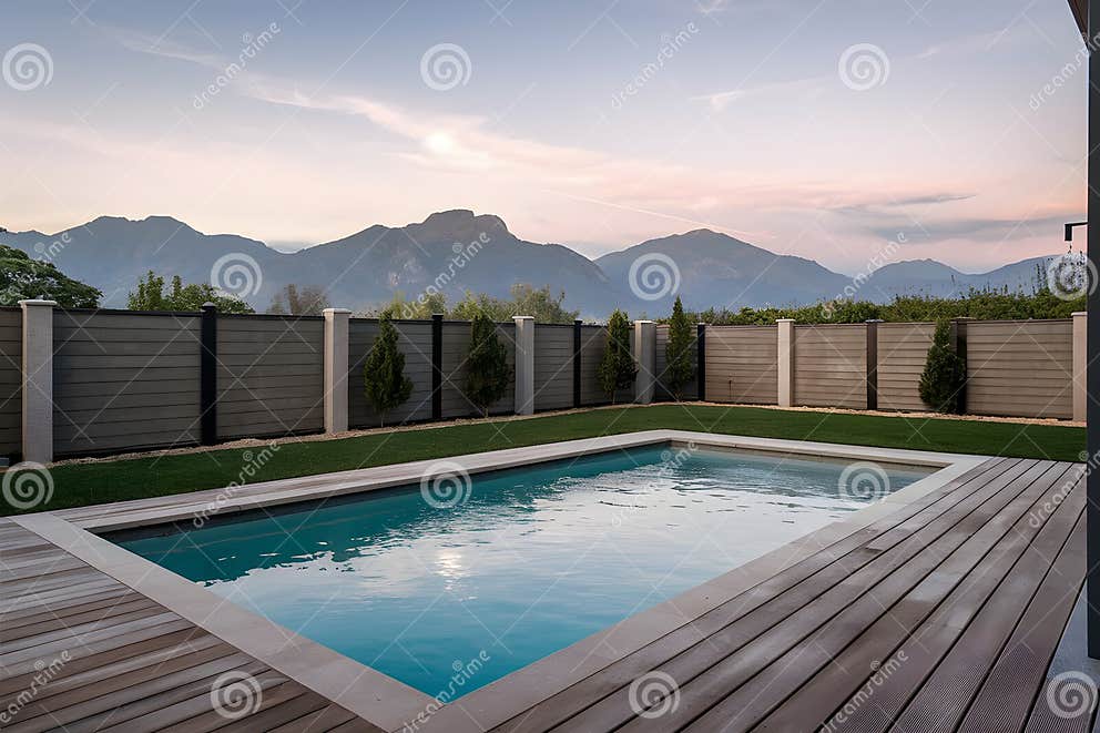 Rectangular Pool Bordered by Wooden Decking, Stylish Fence, Grassy Lawn ...