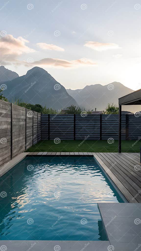 Rectangular Pool Bordered by Wooden Decking, Stylish Fence, Grassy Lawn ...