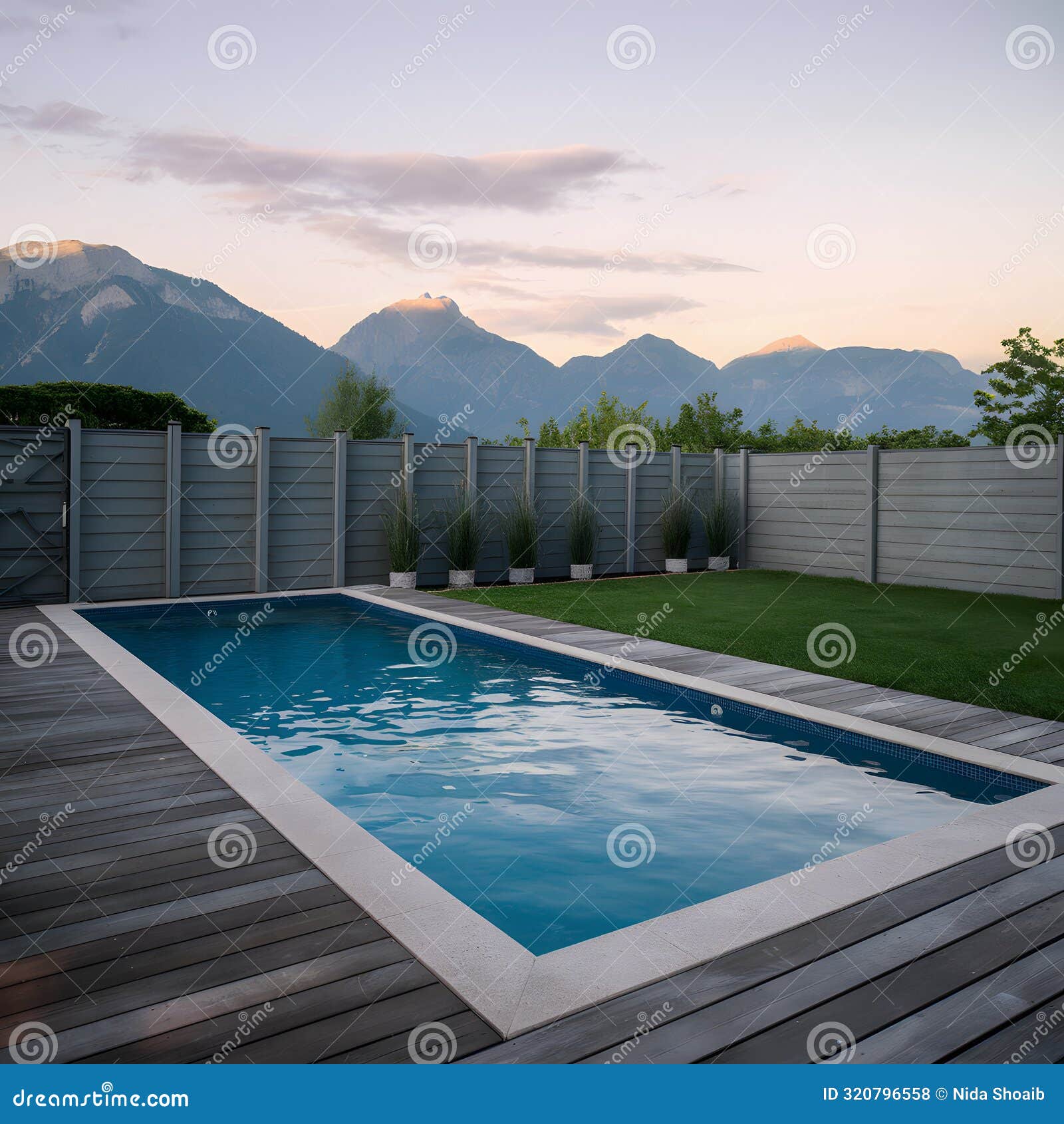 Rectangular Pool Bordered by Wooden Decking, Stylish Fence, Grassy Lawn ...