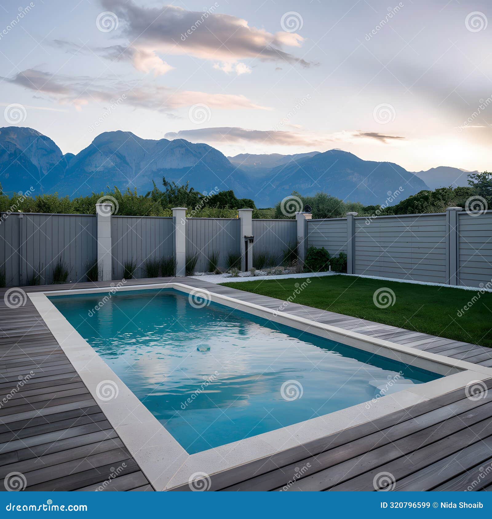 Rectangular Pool Bordered by Wooden Decking, Stylish Fence, Grassy Lawn ...