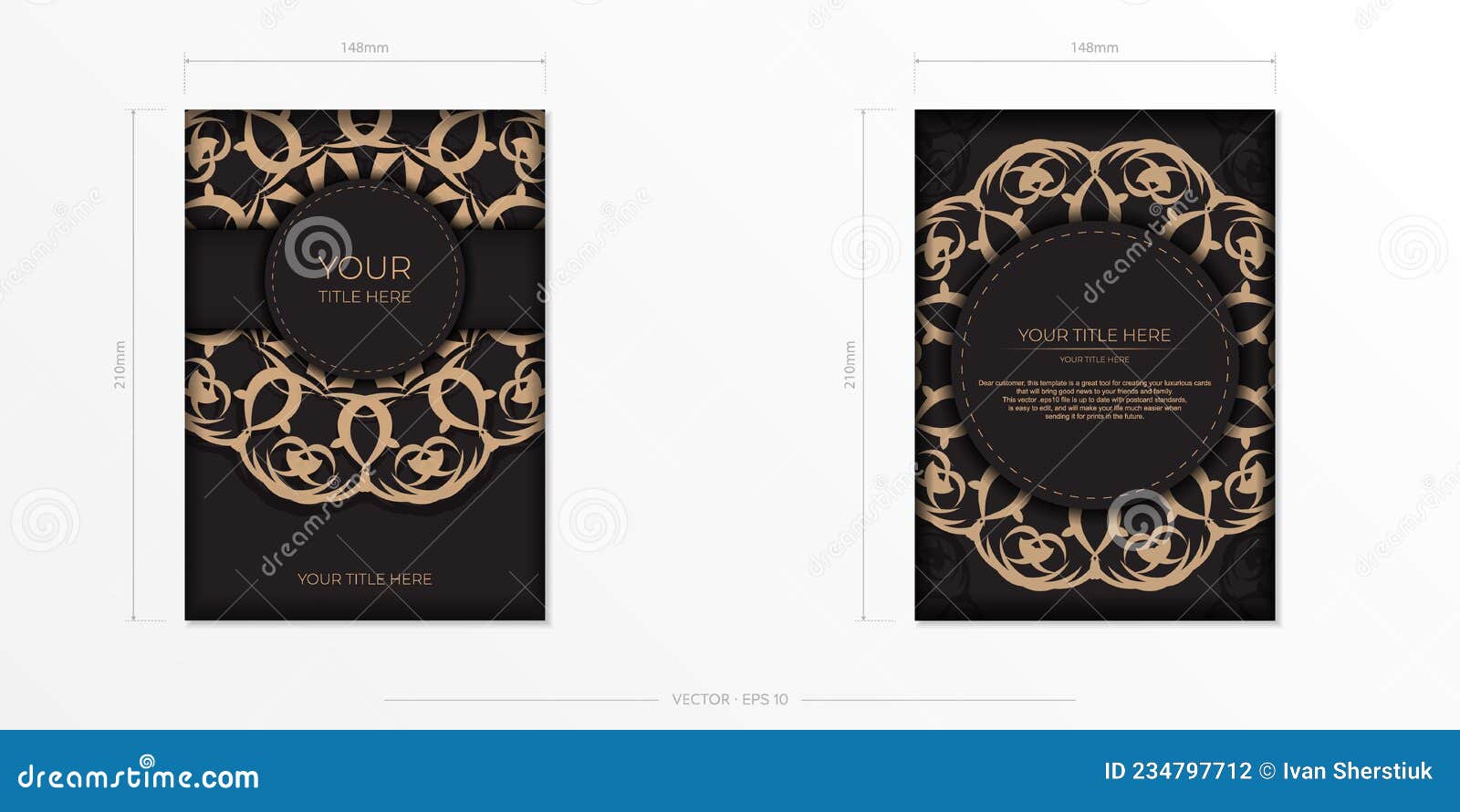 Rectangular Postcard Design in Black with Luxurious Patterns. Vector ...