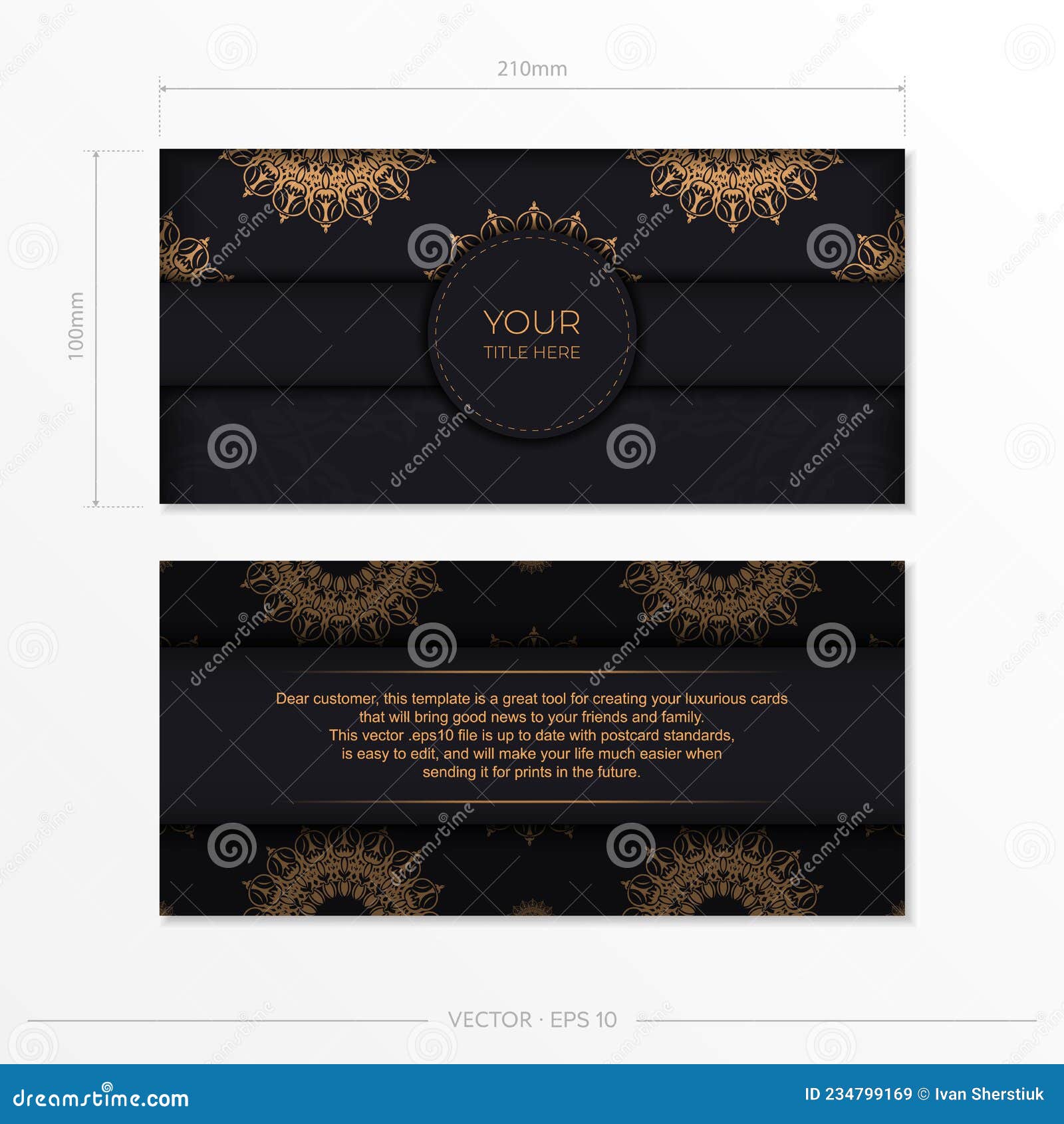 Rectangular Postcard Template Black with Luxurious Ornaments. Print ...