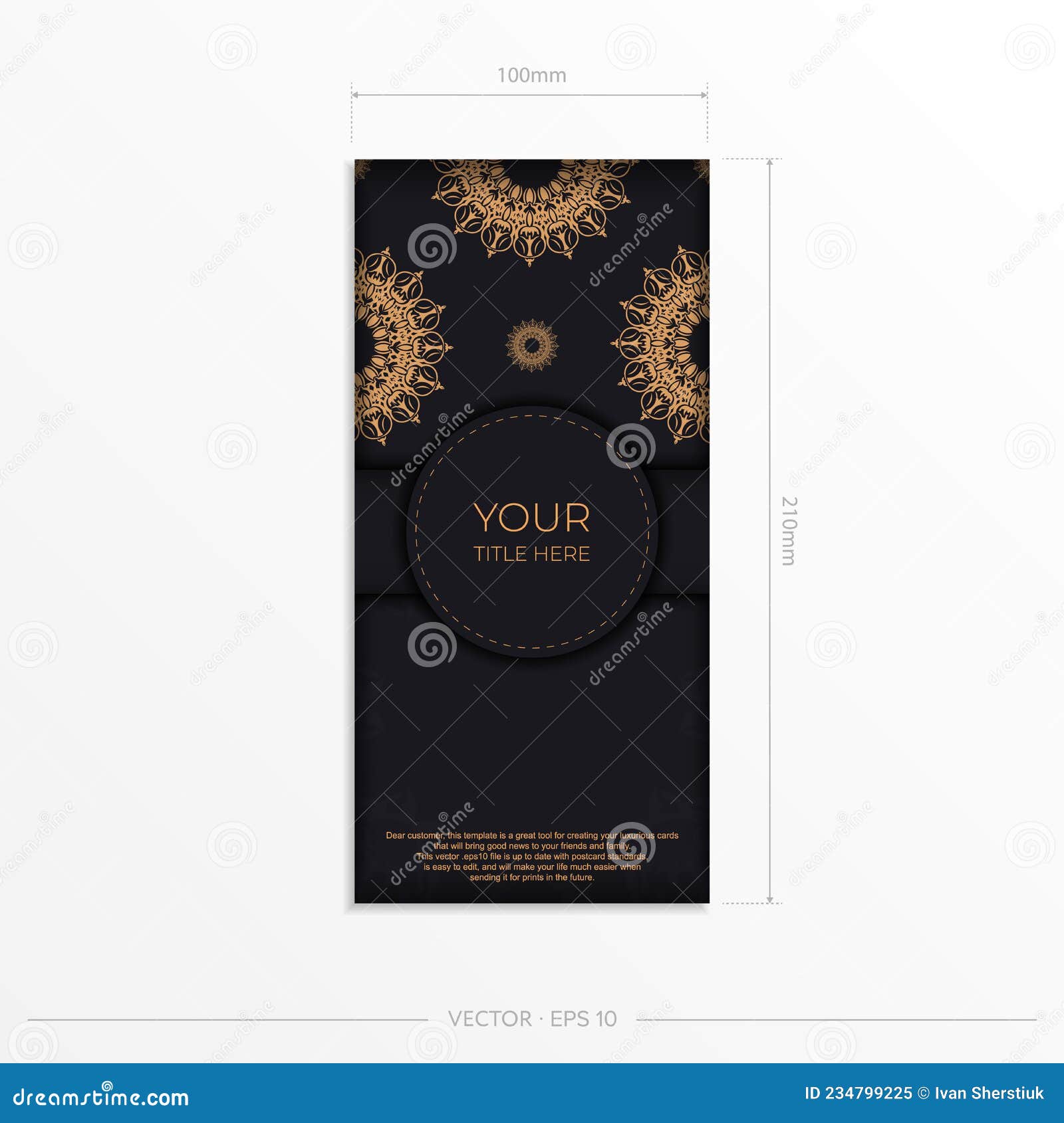 Rectangular Postcard Template Black with Luxurious Ornaments. Print ...
