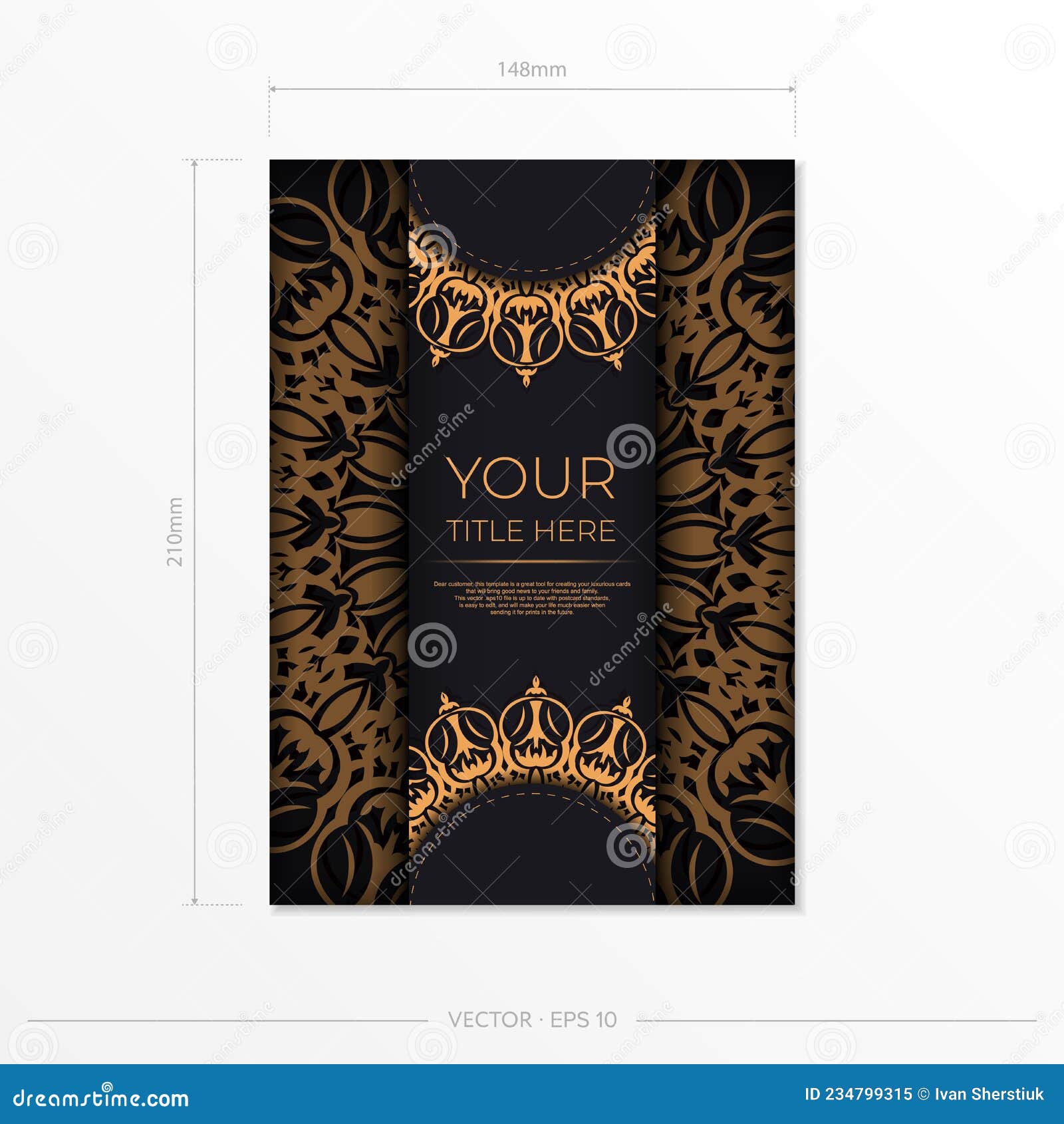 Rectangular Postcard Template Black with Luxurious Patterns. Print ...