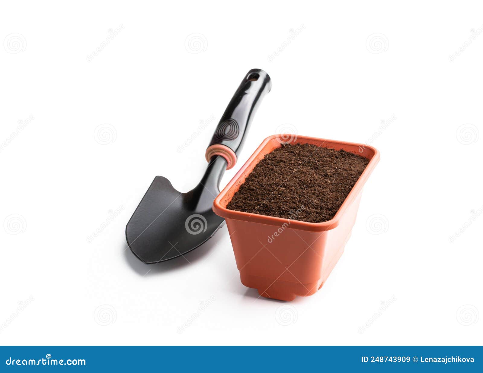Rectangular Pot Filled with Soil and Garden Shovel Isolated on White ...