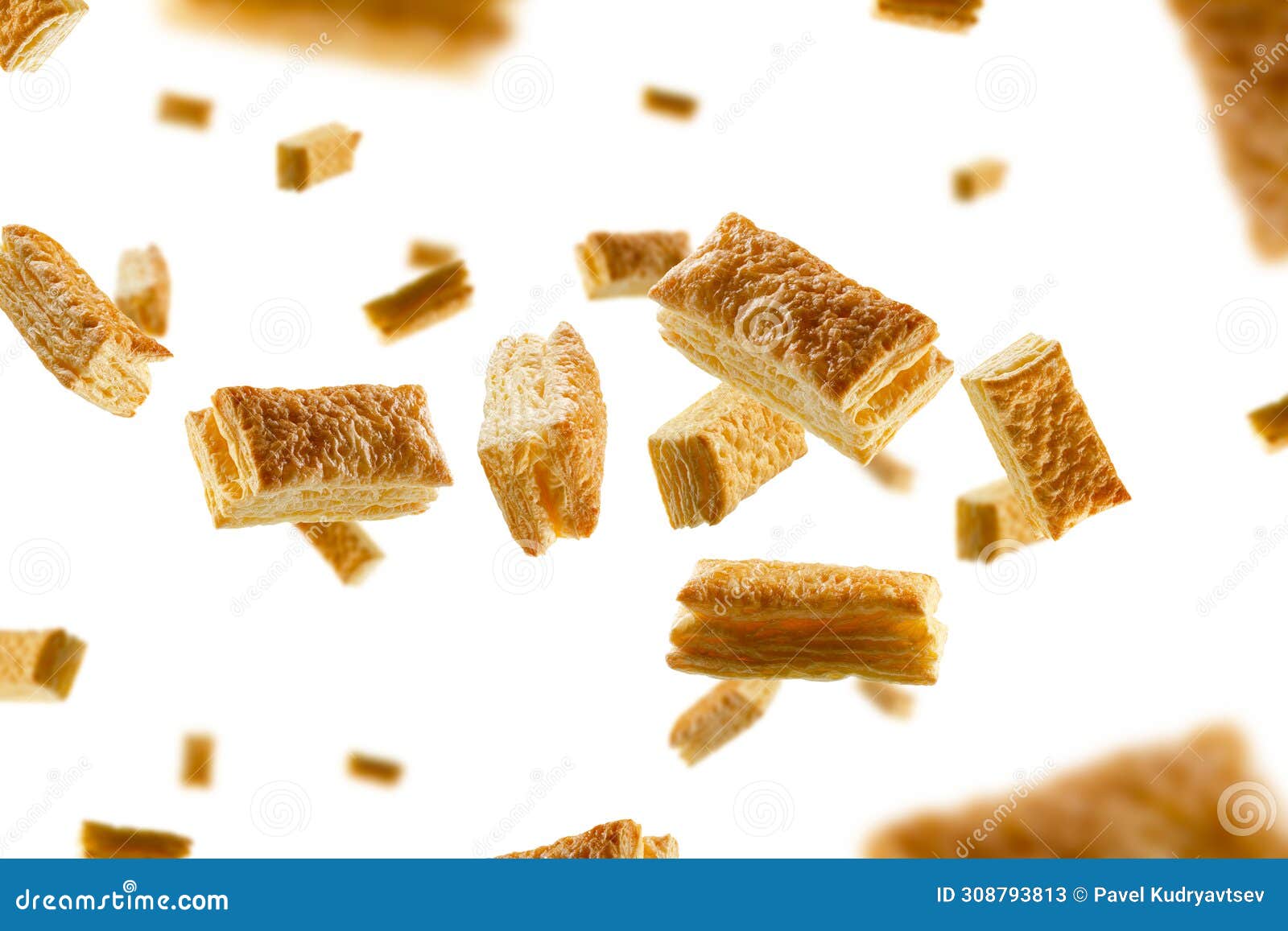Rectangular Puff Pastry Pies Fly and Levitate in Space. Volumetric Back ...