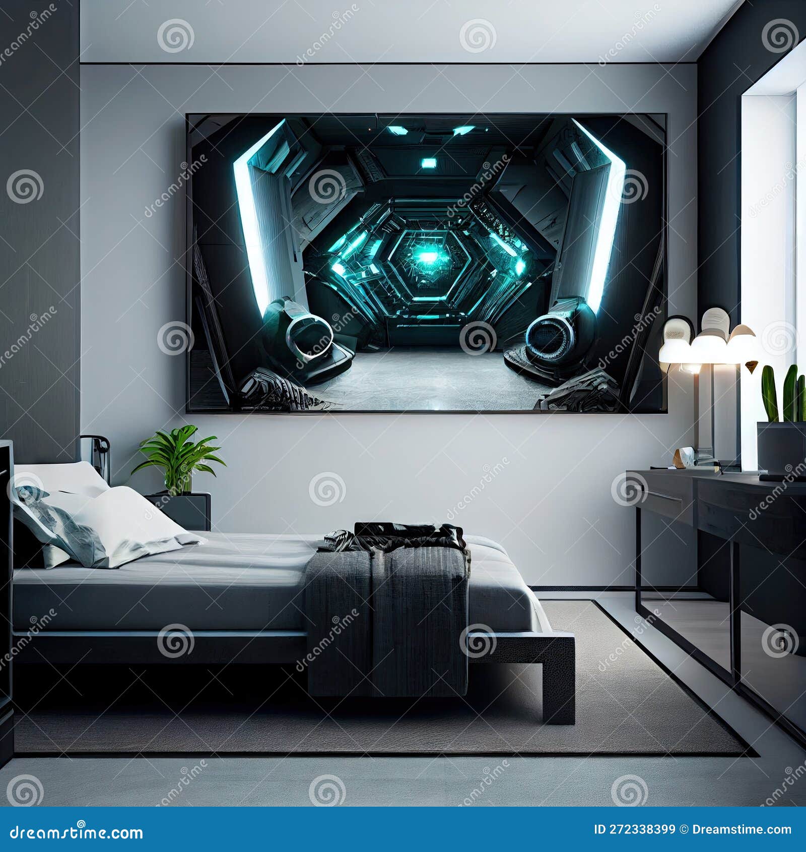 Rectangular Room with Decorations on Wall in Sci-fi Futuristic Interior ...