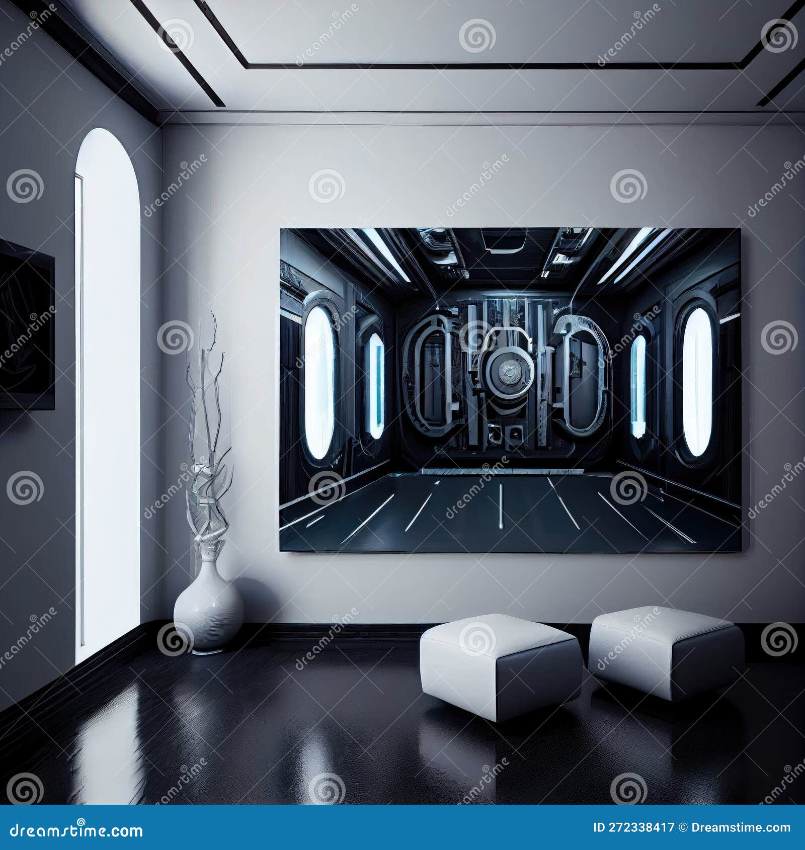 Rectangular Room with Decorations on Wall in Sci-fi Futuristic Interior ...