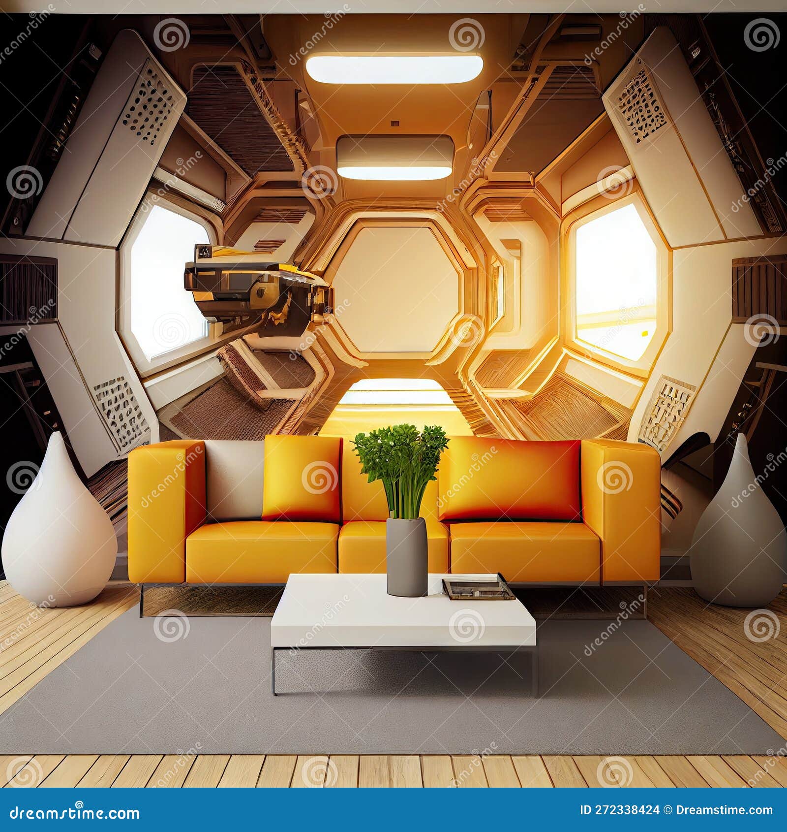 Rectangular Room with Decorations on Wall in Sci-fi Futuristic Interior ...