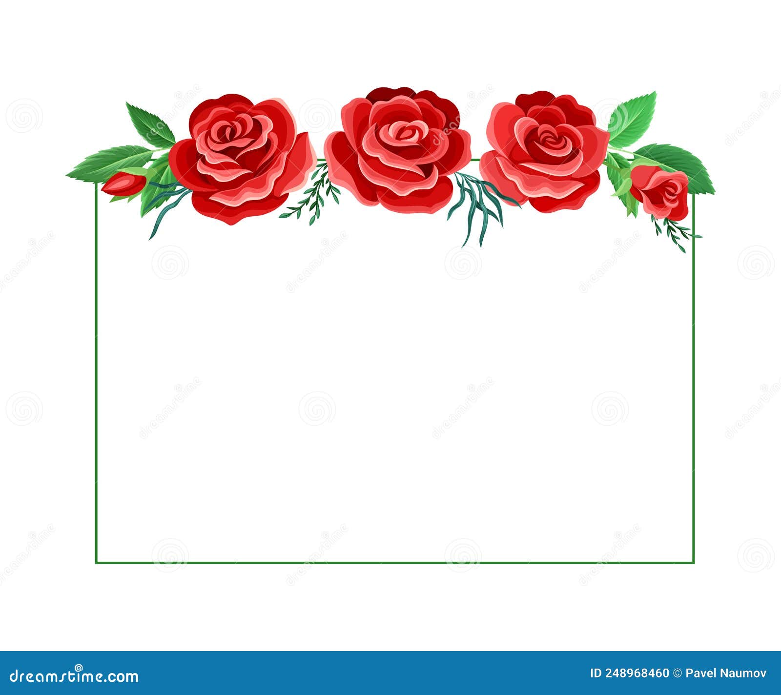 Rectangular Rose Frame with Red Lush Bud and Green Leaves Arranged in ...