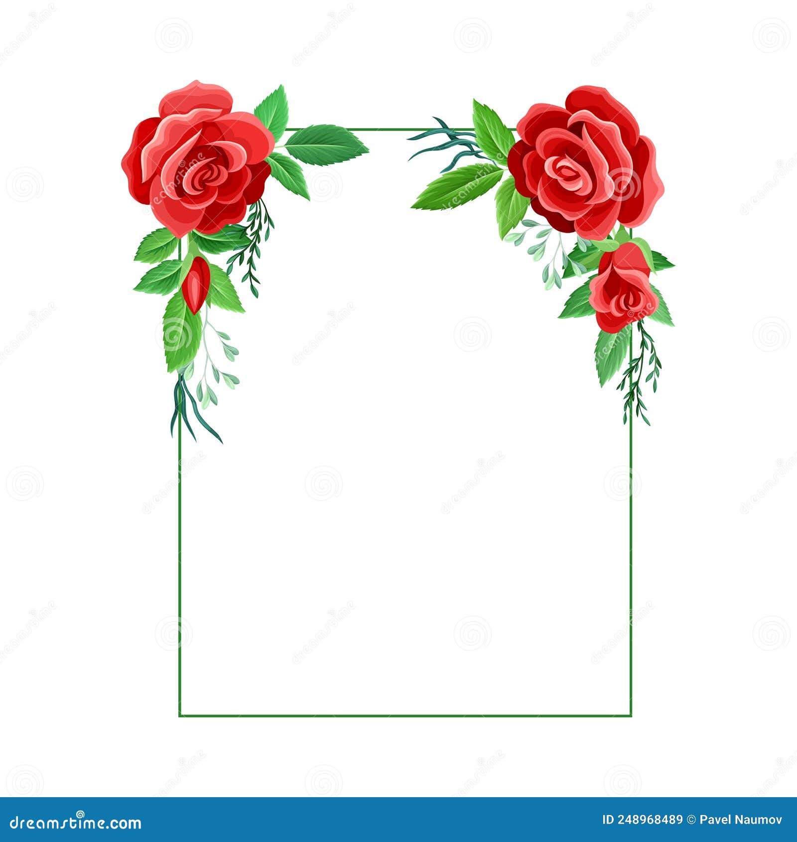 Rectangular Rose Frame with Red Lush Bud and Green Leaves Arranged in ...