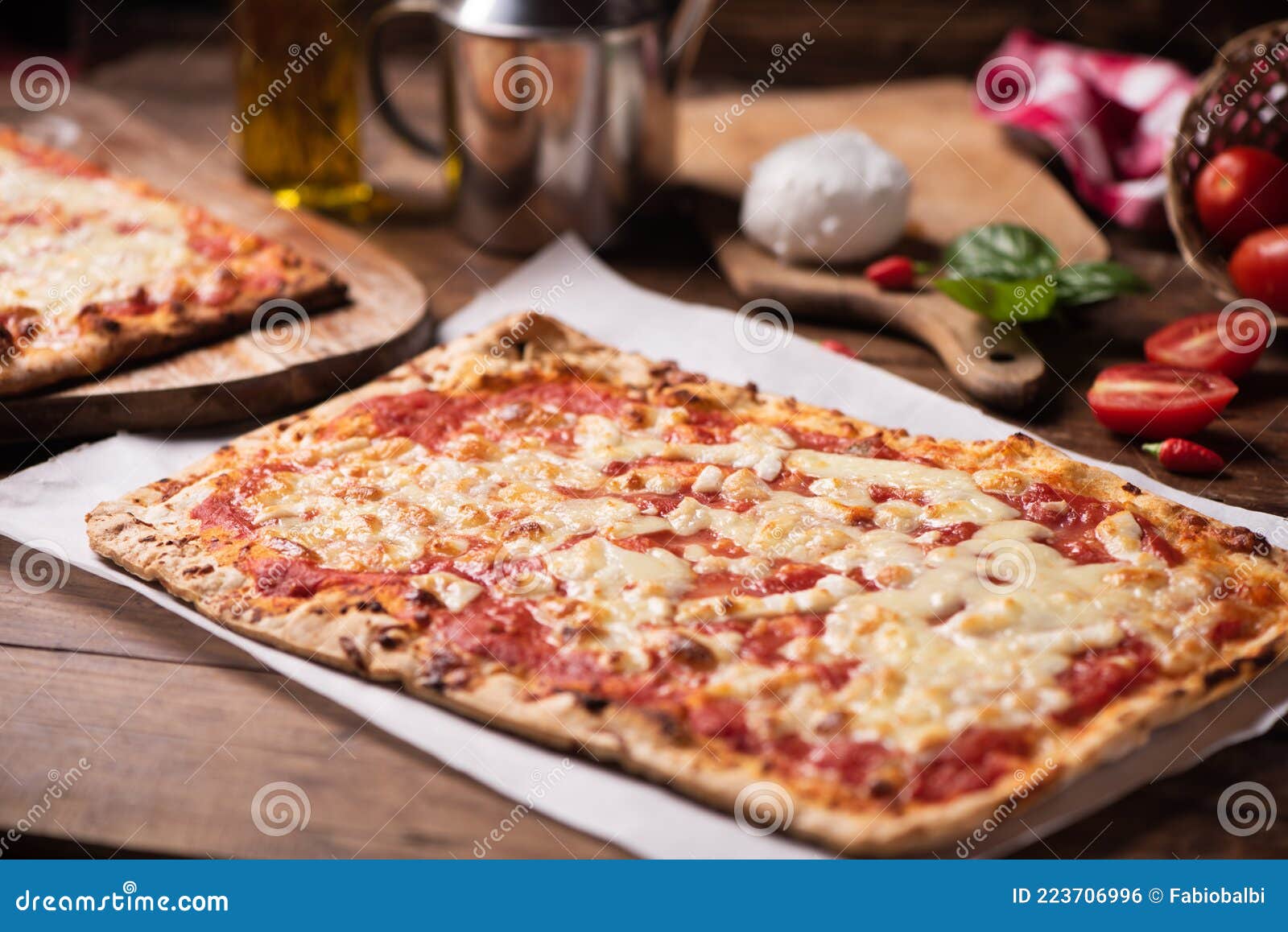 Rectangular Shape Home Made Pizza on Rustic Table with Mozarella Tomato ...