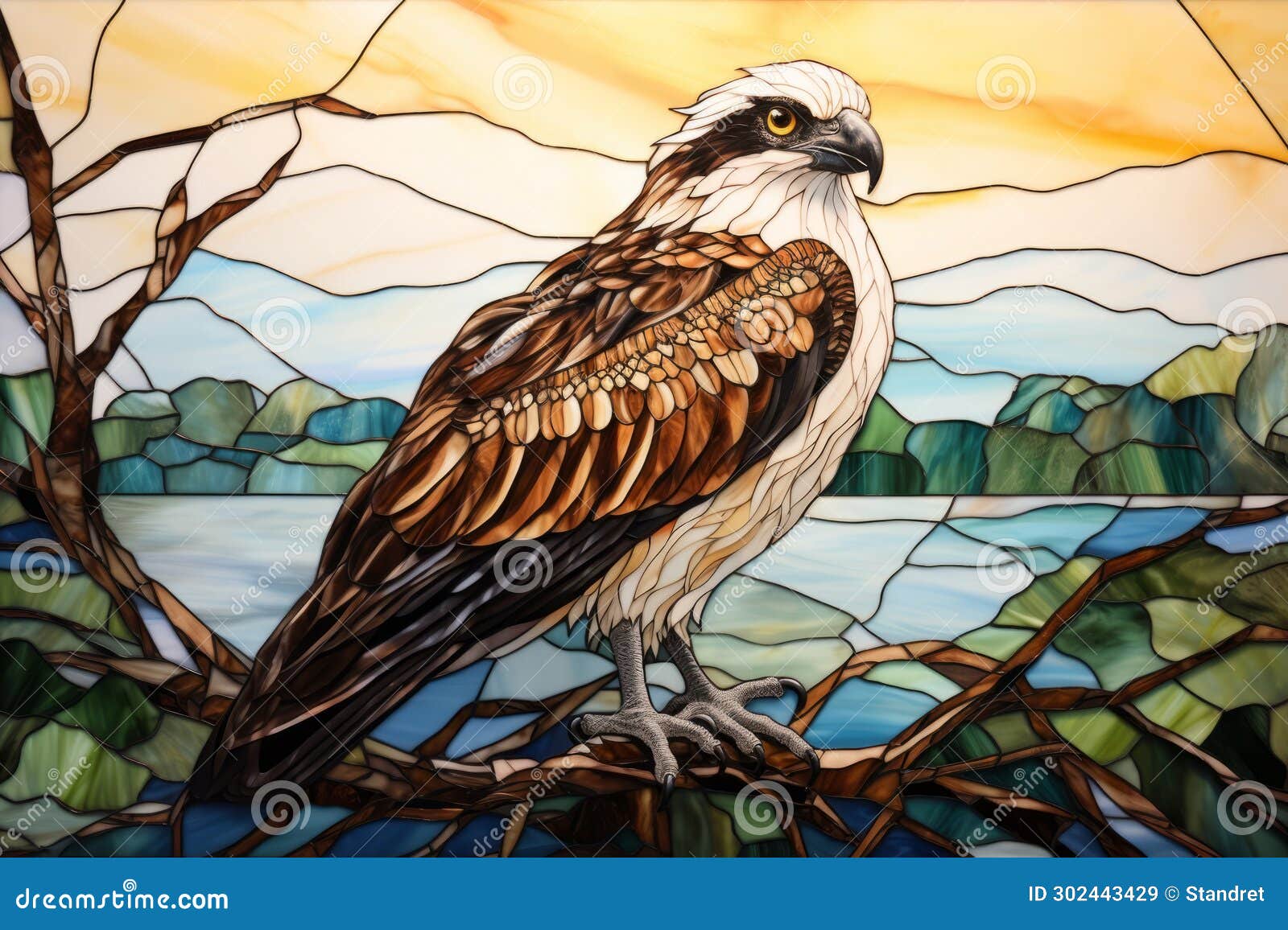 Rectangular Stained Glass Design with Bird. Beautiful Illustration ...