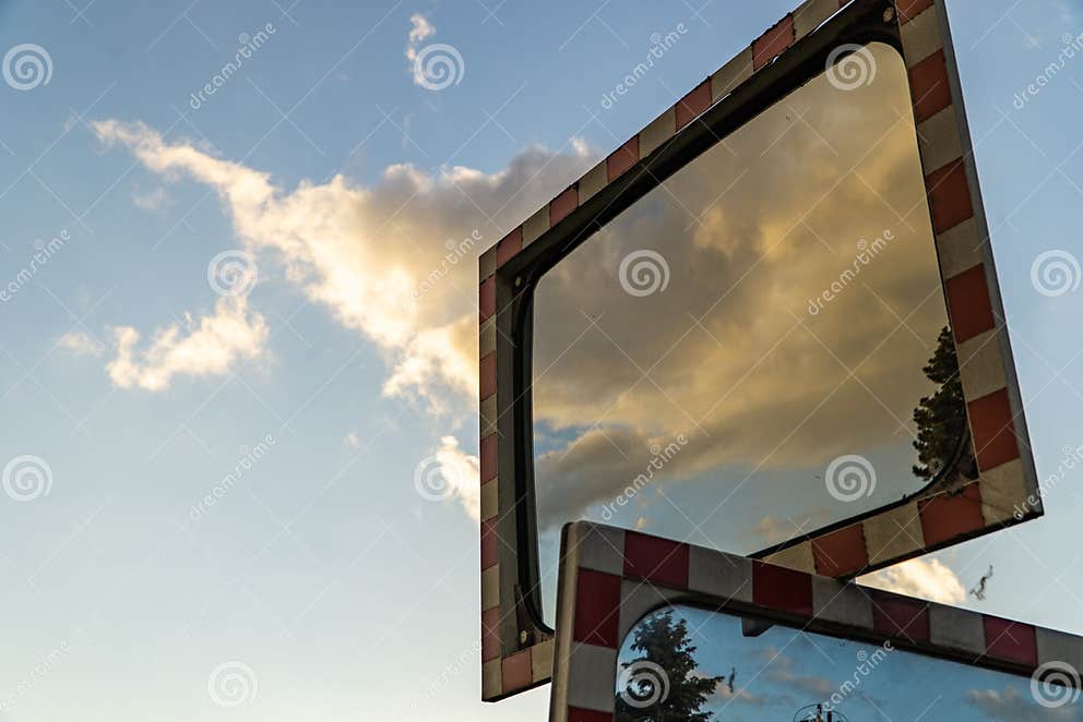 Rectangular Traffic Mirror Cloudy Blue Sky Reflection Stock Photo ...