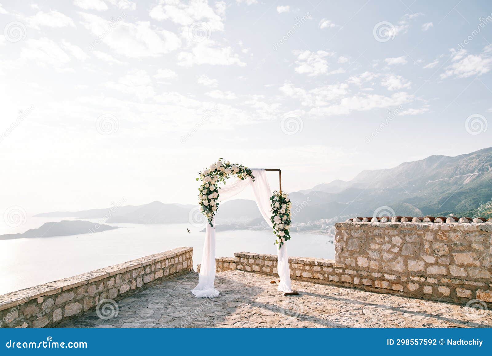Rectangular Wedding Arch Stands on an Observation Deck in the Mountains ...