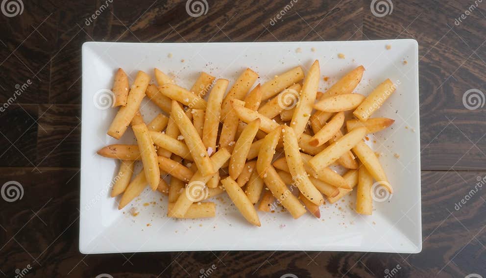 A Rectangular White Plate Holds a Serving of Golden-brown French Fries ...