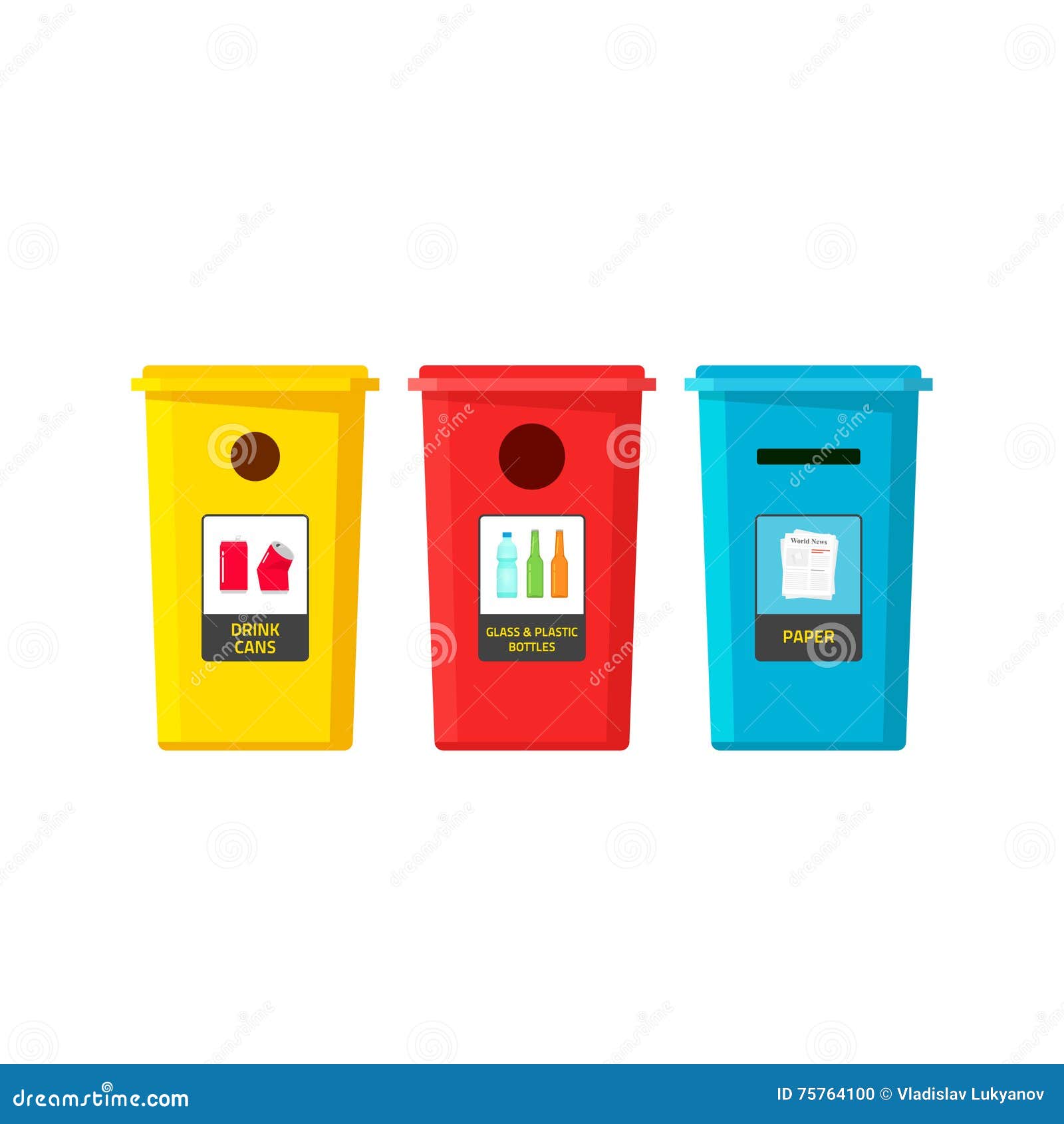 Recycle Bins Vector on White, Flat Recycling Trash Containers Stock ...