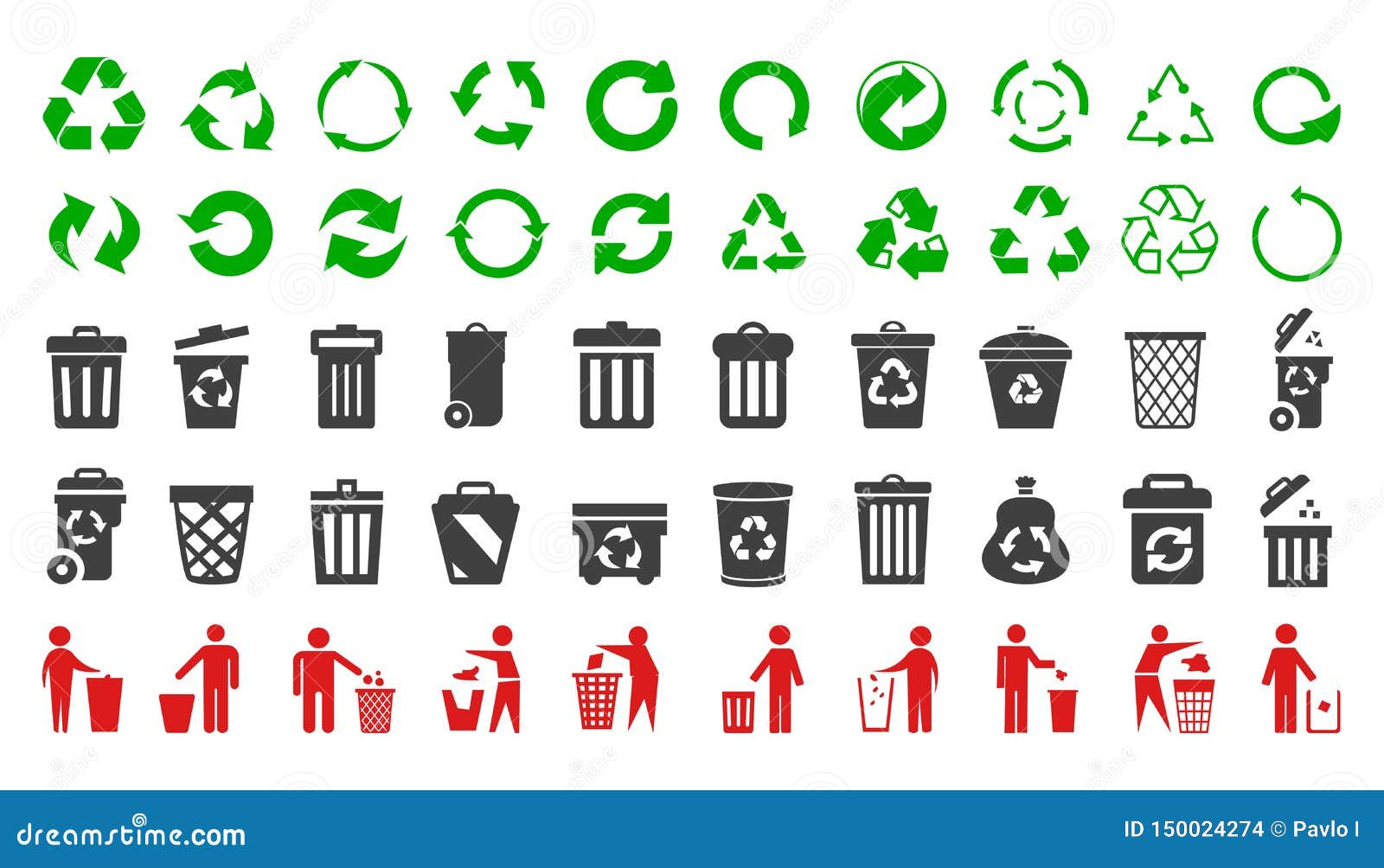 Recycle Icons Set and Trash Can Icons with Man - Vector Stock Vector ...