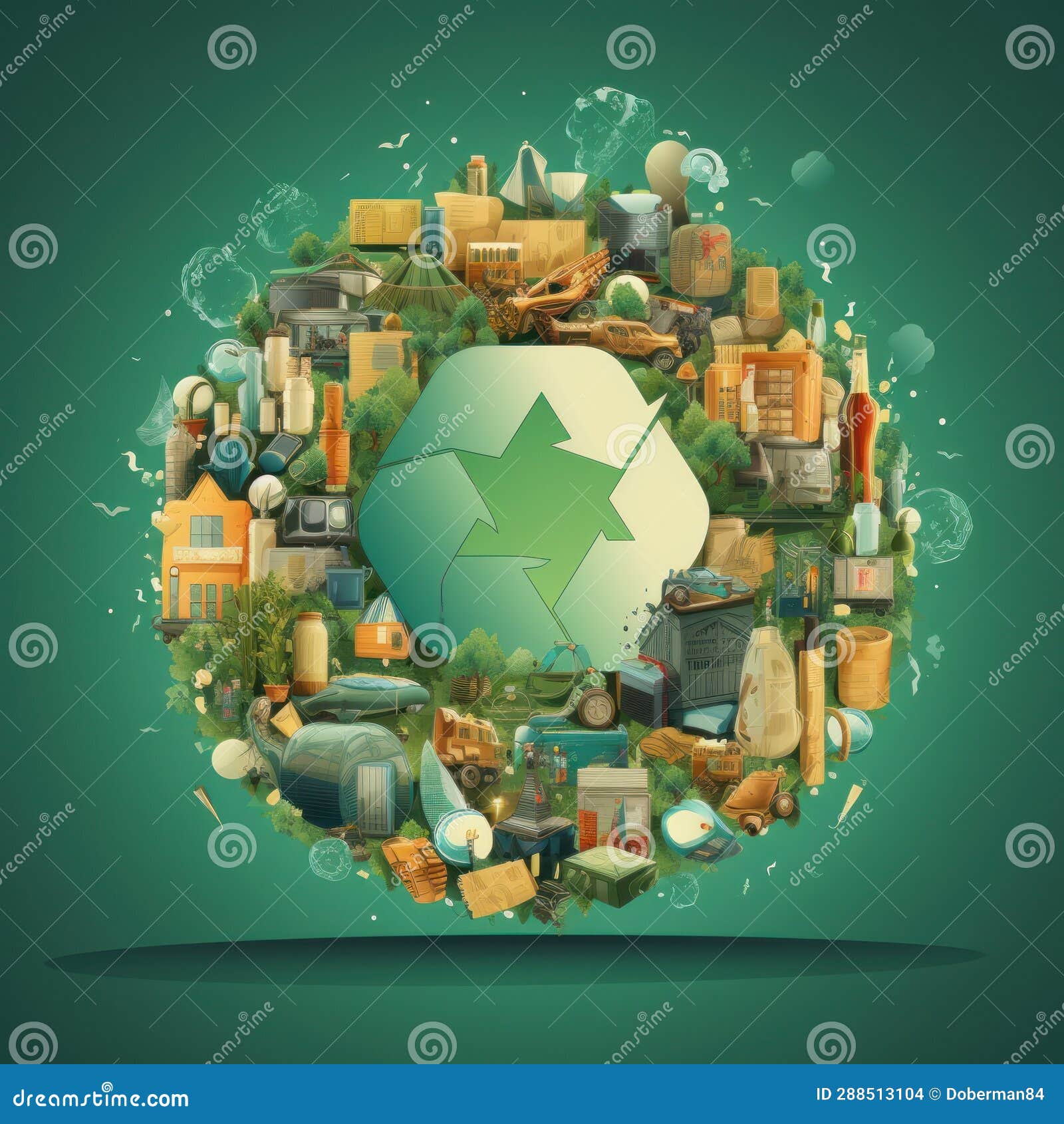 Recycle Symbol Surrounded by Elements of Human Activity and Nature on ...