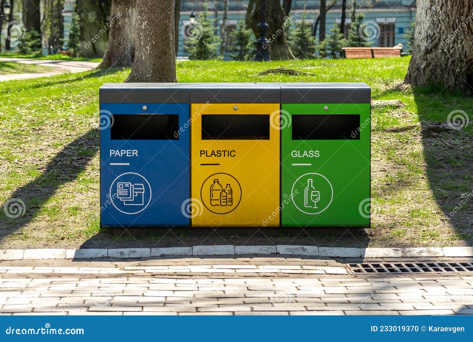 Recycle Trash Bins with Garbage Icons on the Street Stock Photo - Image ...