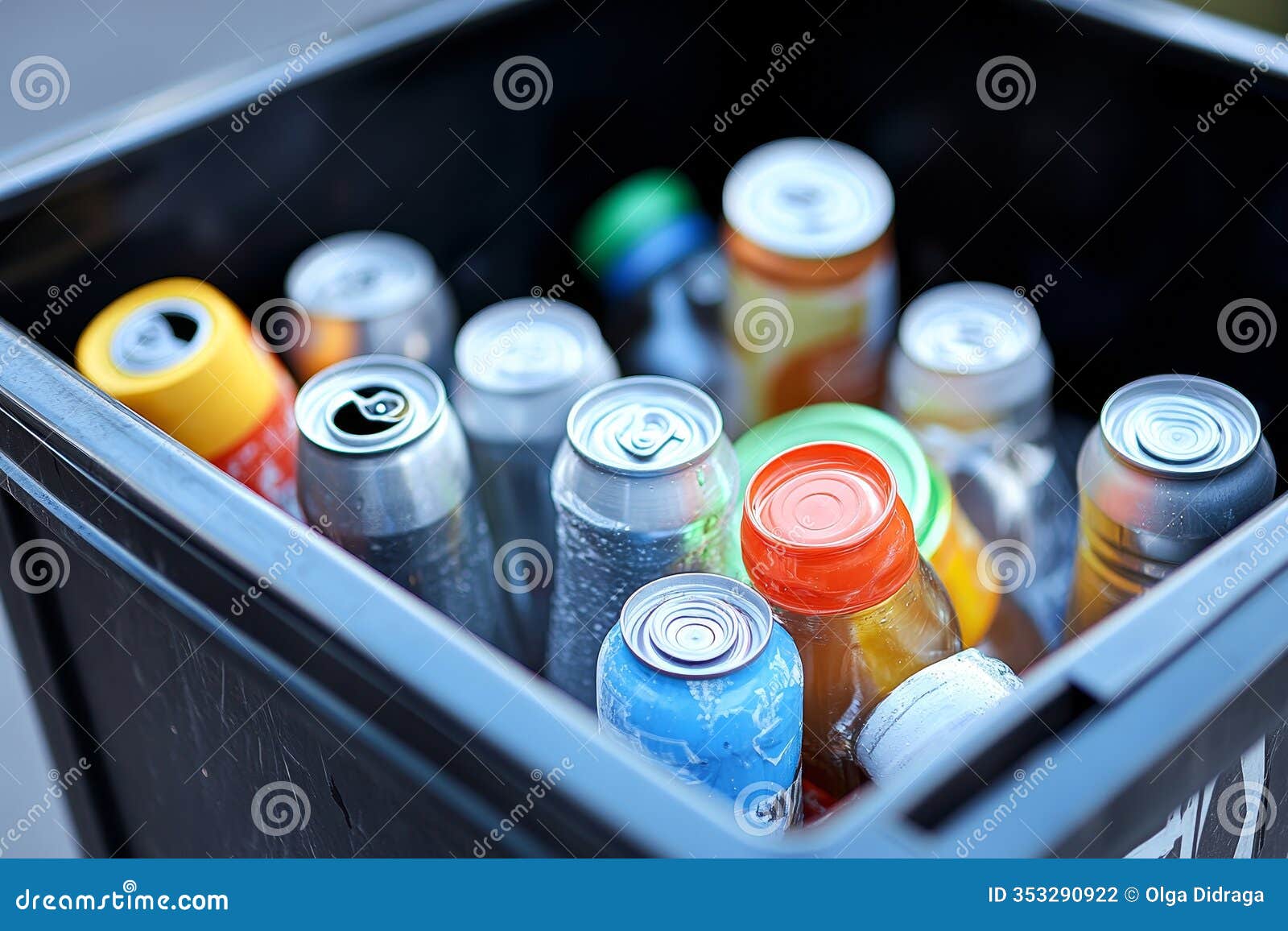 Recycling Bin with Assorted Beverage Cans and Bottles Stock Photo ...