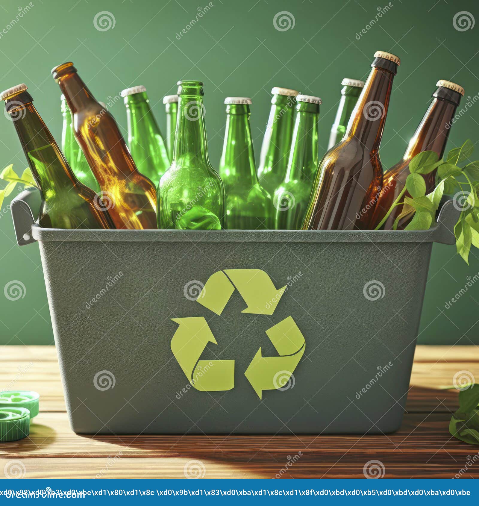 Recycling Bin with Bottles on Wooden Table Closeup View on Solid Green ...