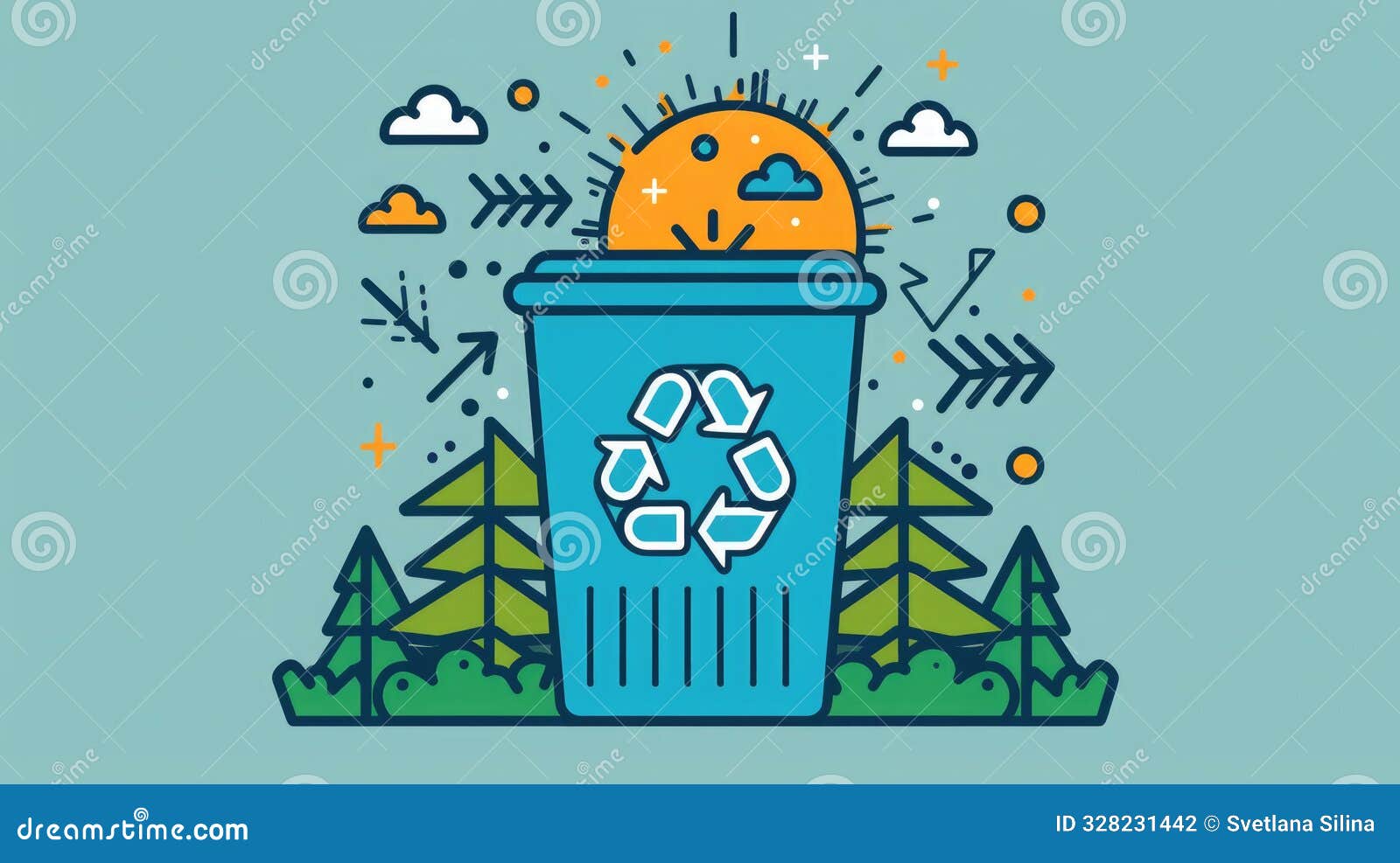 Recycling Bin Icon with Blue Bin, Recycle Symbol, Surrounded by Trees ...