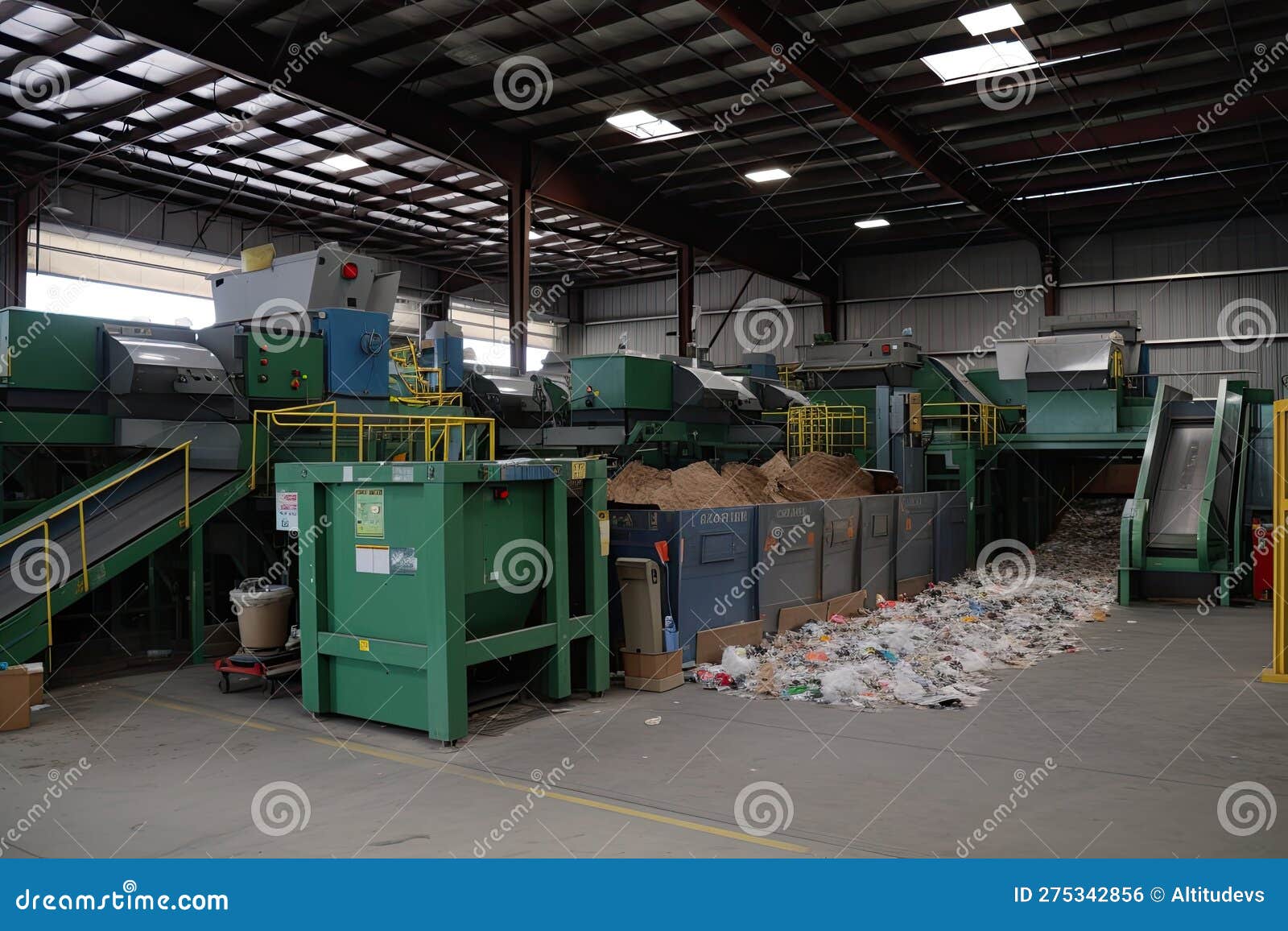 Recycling Center, with Bins and Machines for Sorting Different Types of ...