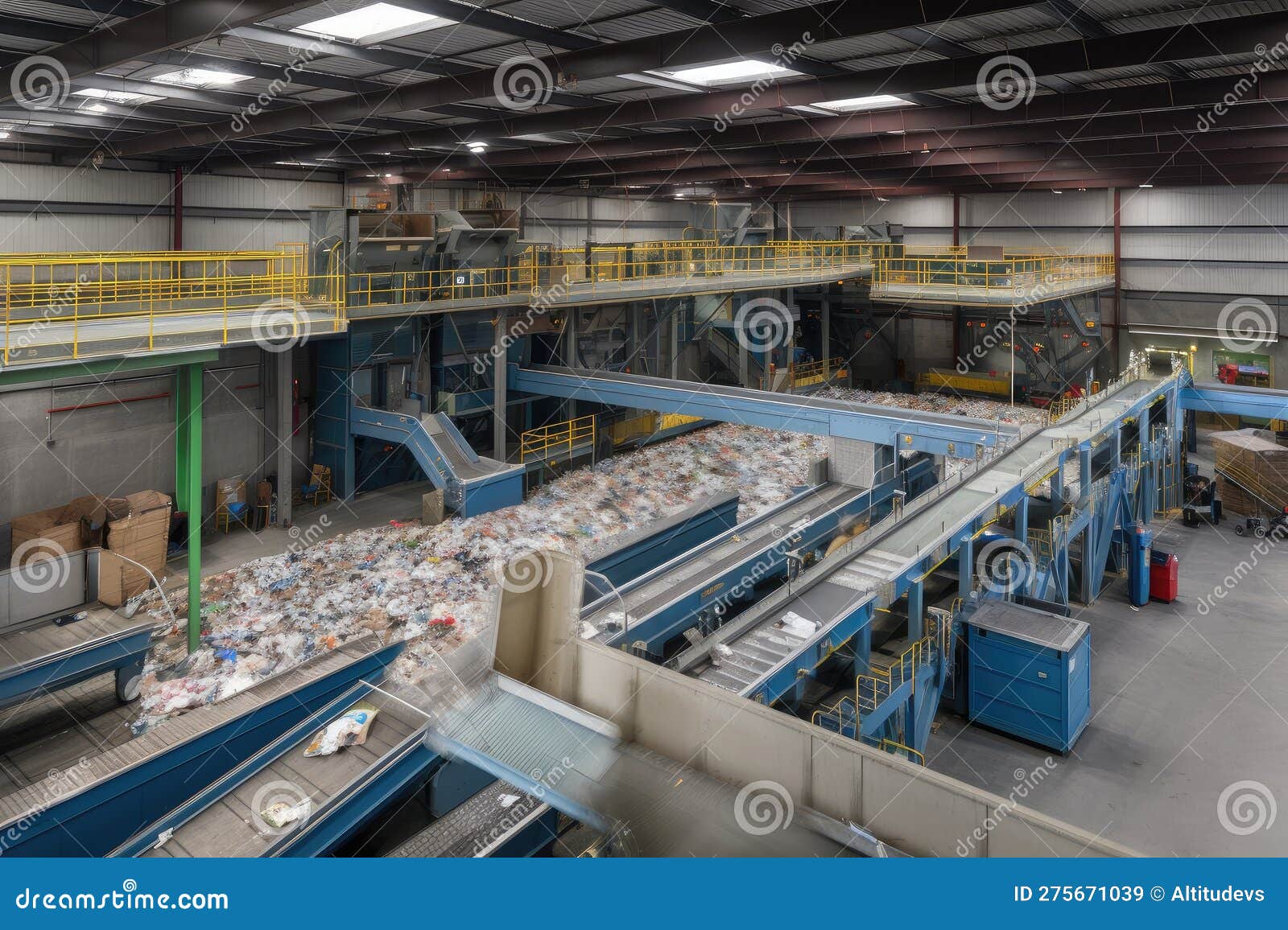 A Recycling Center, with Bins and Machines Sorting and Reprocessing ...