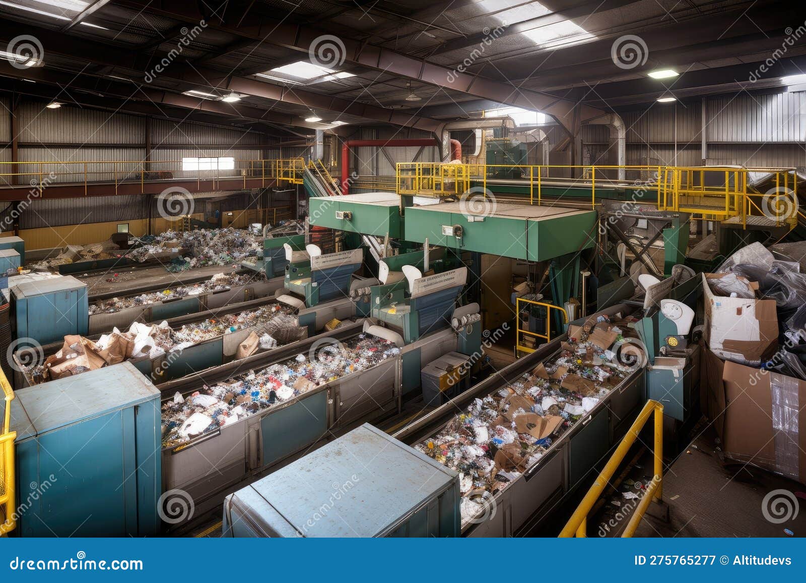 A Recycling Center, with Bins and Machines Sorting and Reprocessing ...