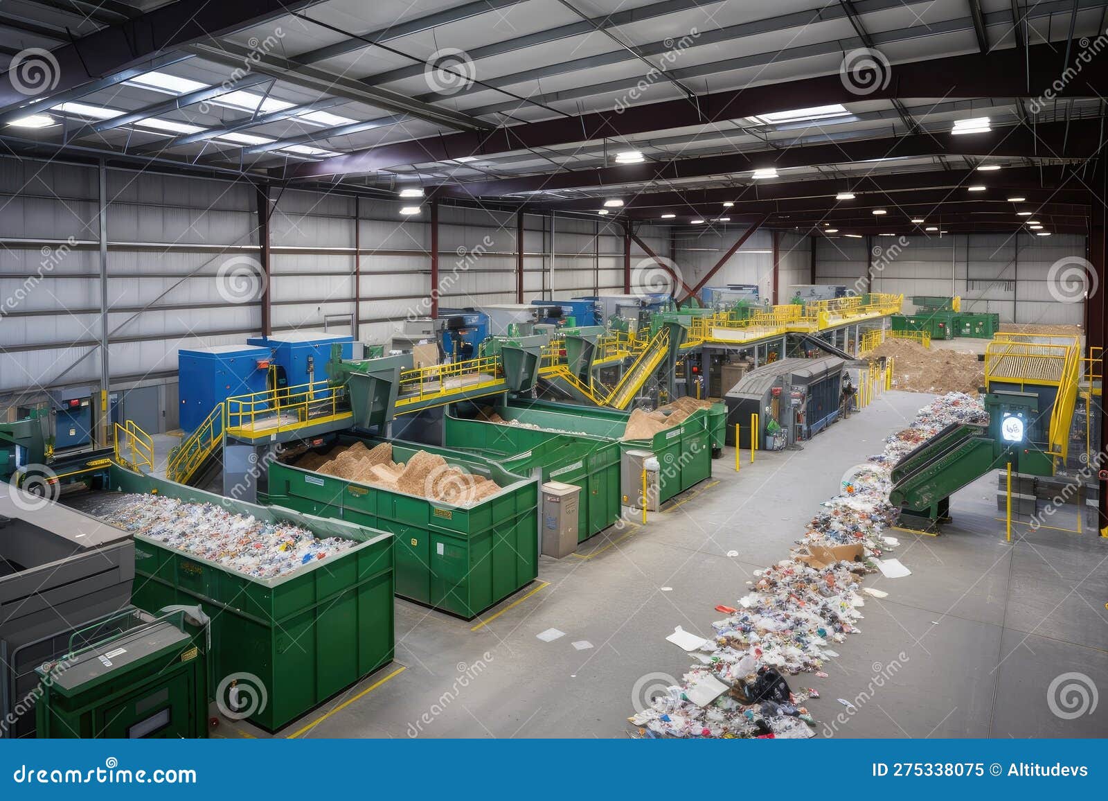 A Recycling Center, with Bins and Sorting Machines for Different Types ...