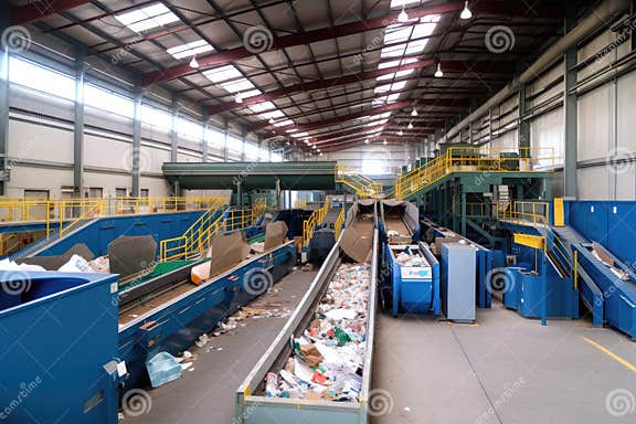 A Recycling Center, with Bins and Sorting Machines for Different Types ...