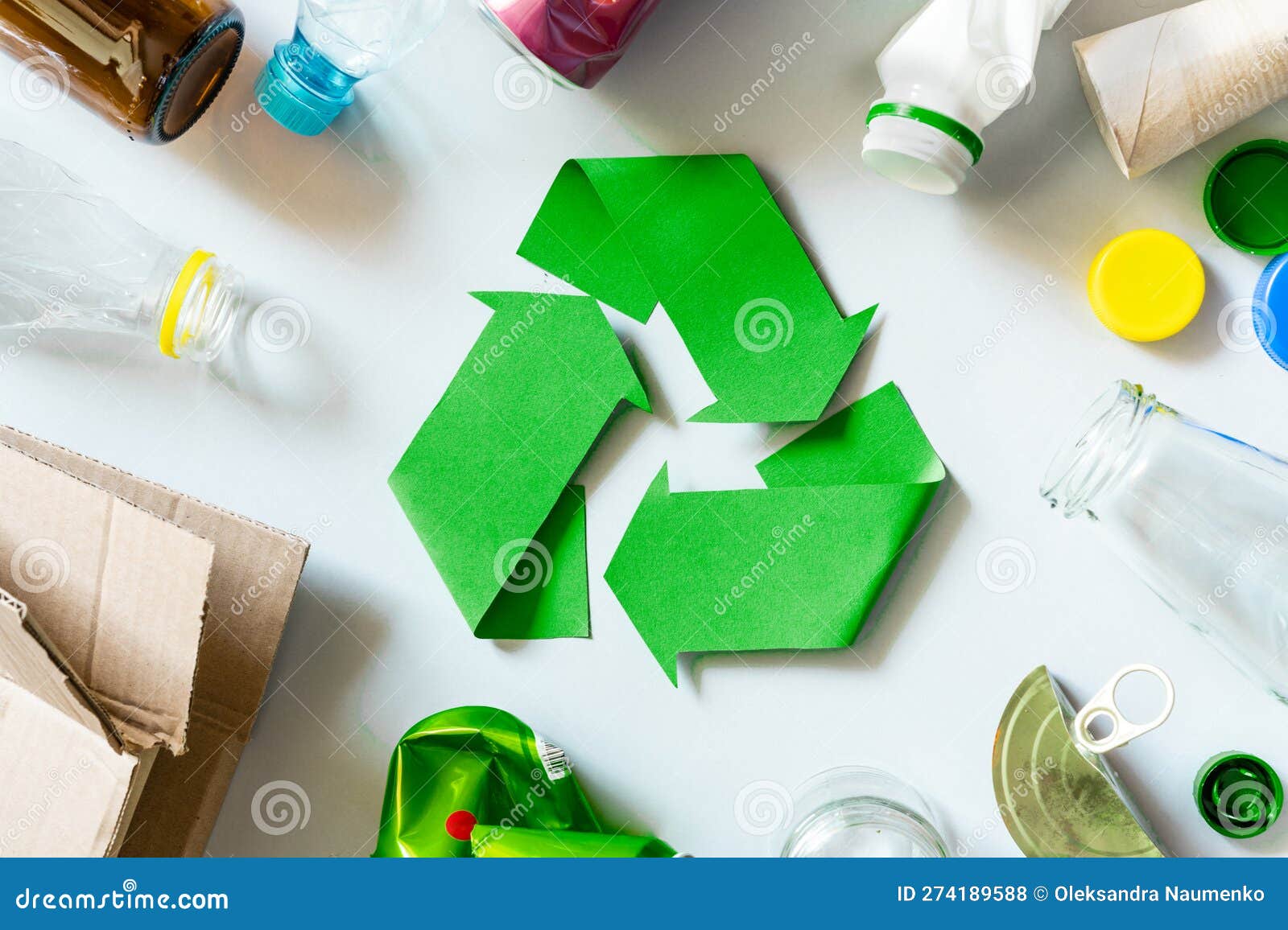 Recycling Concept - Recycling Symbol and Objects, Top View Stock Photo ...