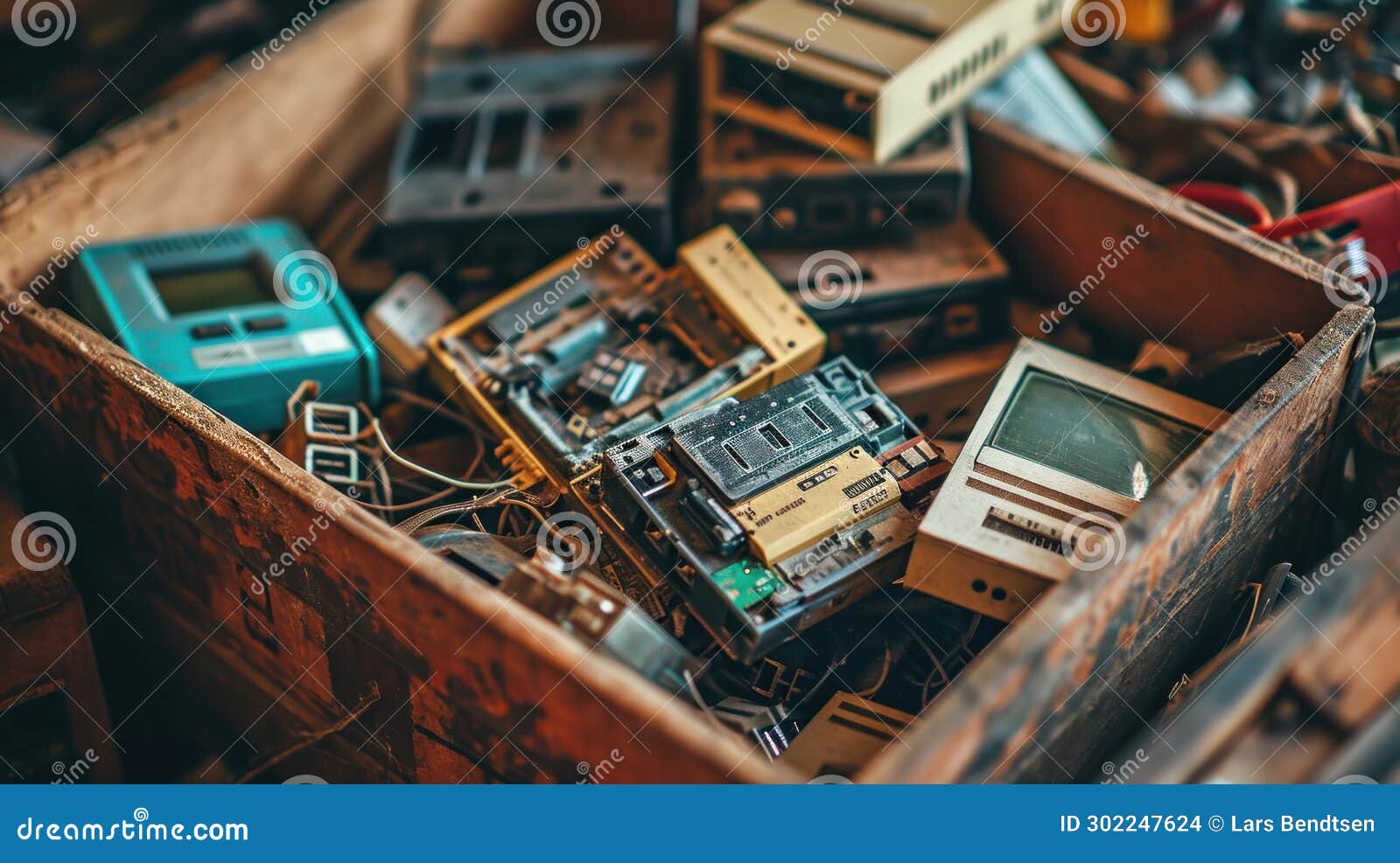 Man Recycling Old Electronics In E-waste Facility With Vintage Tvs And ...