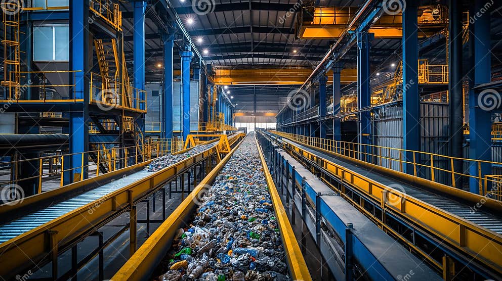 Recycling Facility with Sorting Machines, Conveyor Belts, and Workers ...