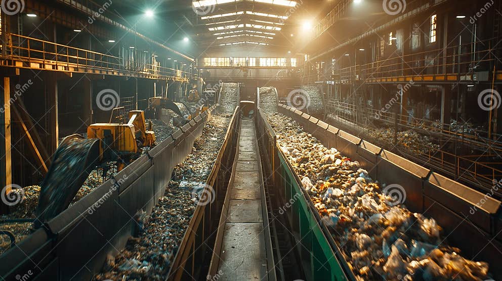 Recycling Facility with Sorting Machines, Conveyor Belts, and Workers ...