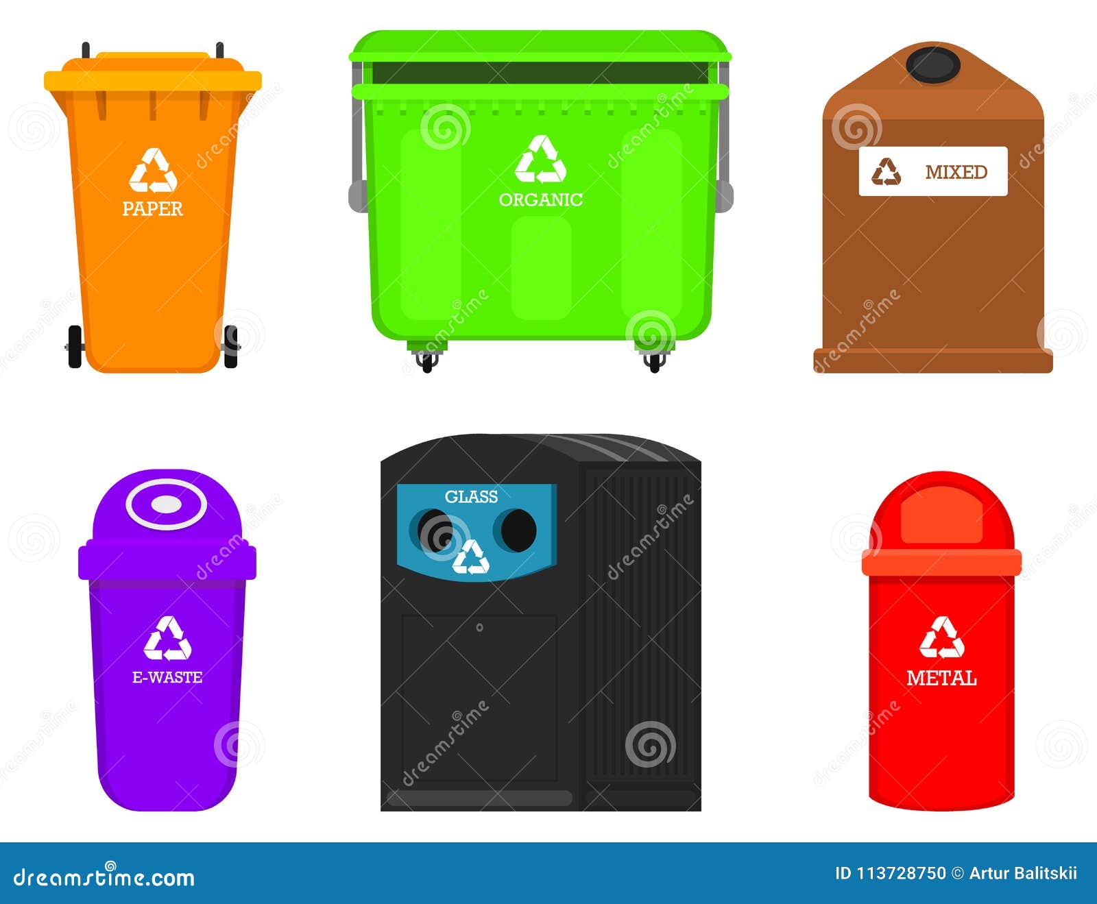 Recycling Garbage Elements. Bag or Containers or Cans for Different ...