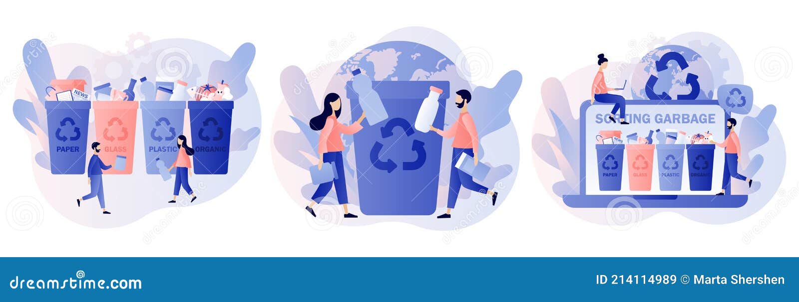 Recycling Garbage. Tiny People Sorting Garbage Waste In Containers For ...