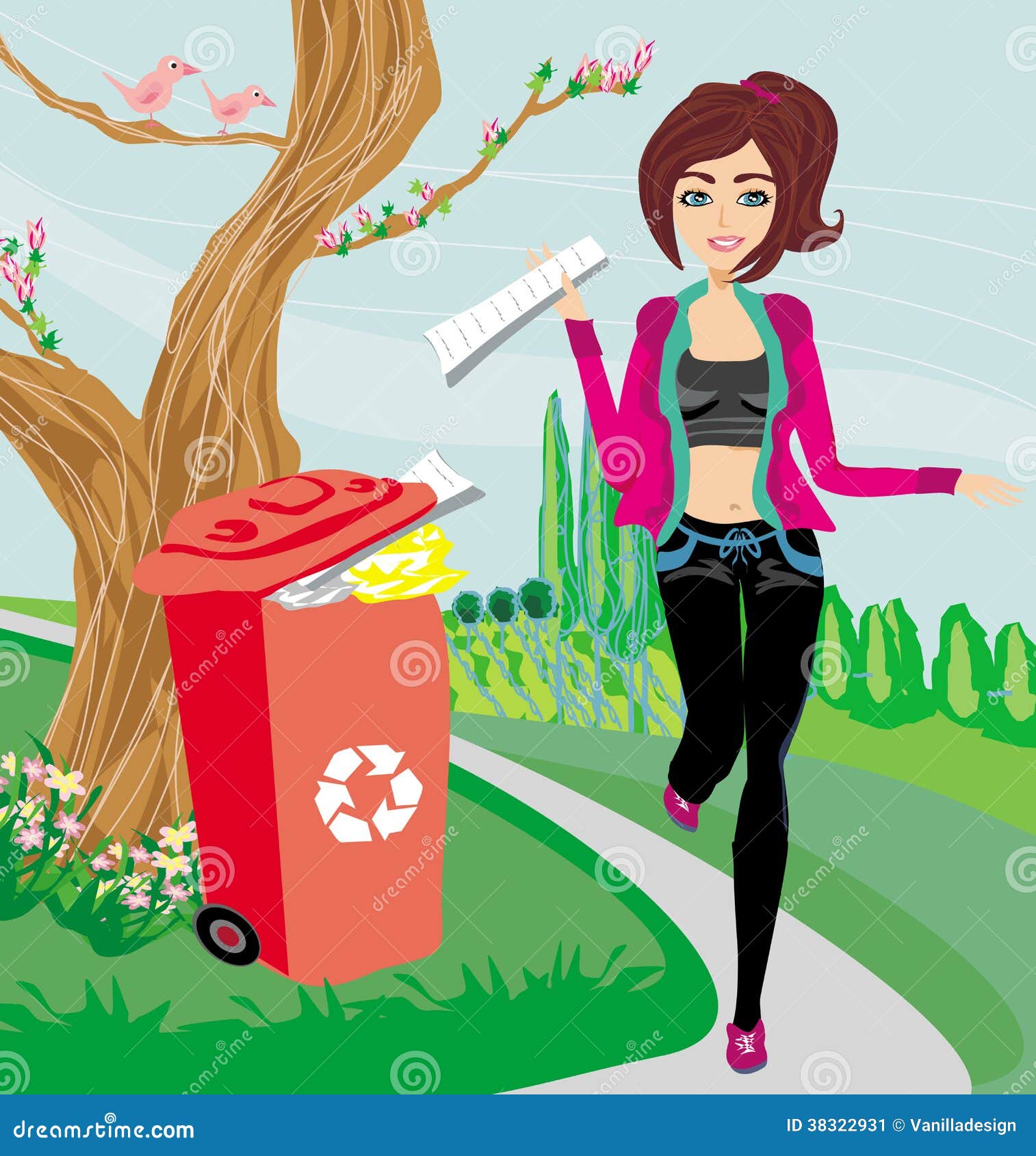 Recycling - Girl Throws Paper into Red Bin Stock Vector - Illustration ...