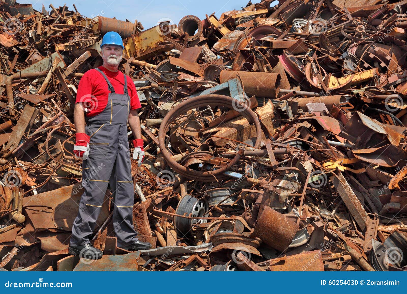 Recycling Industry, Worker Standing at Heap of Old Metal Stock Photo ...