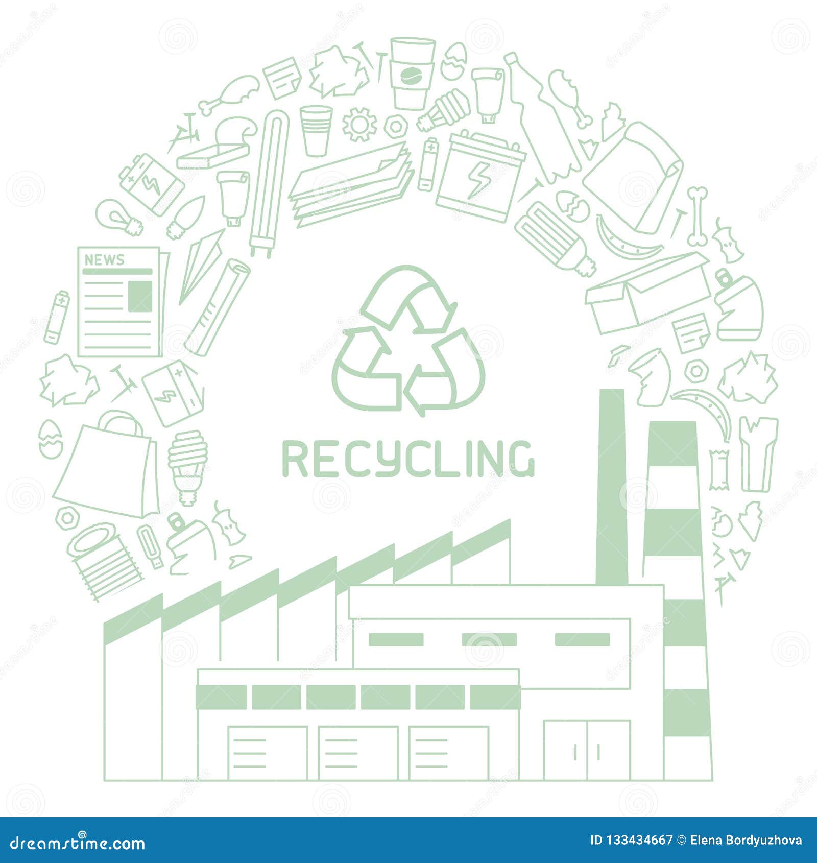 Recycling Poster With Processing Plant And Diffrenet Types Of Household ...