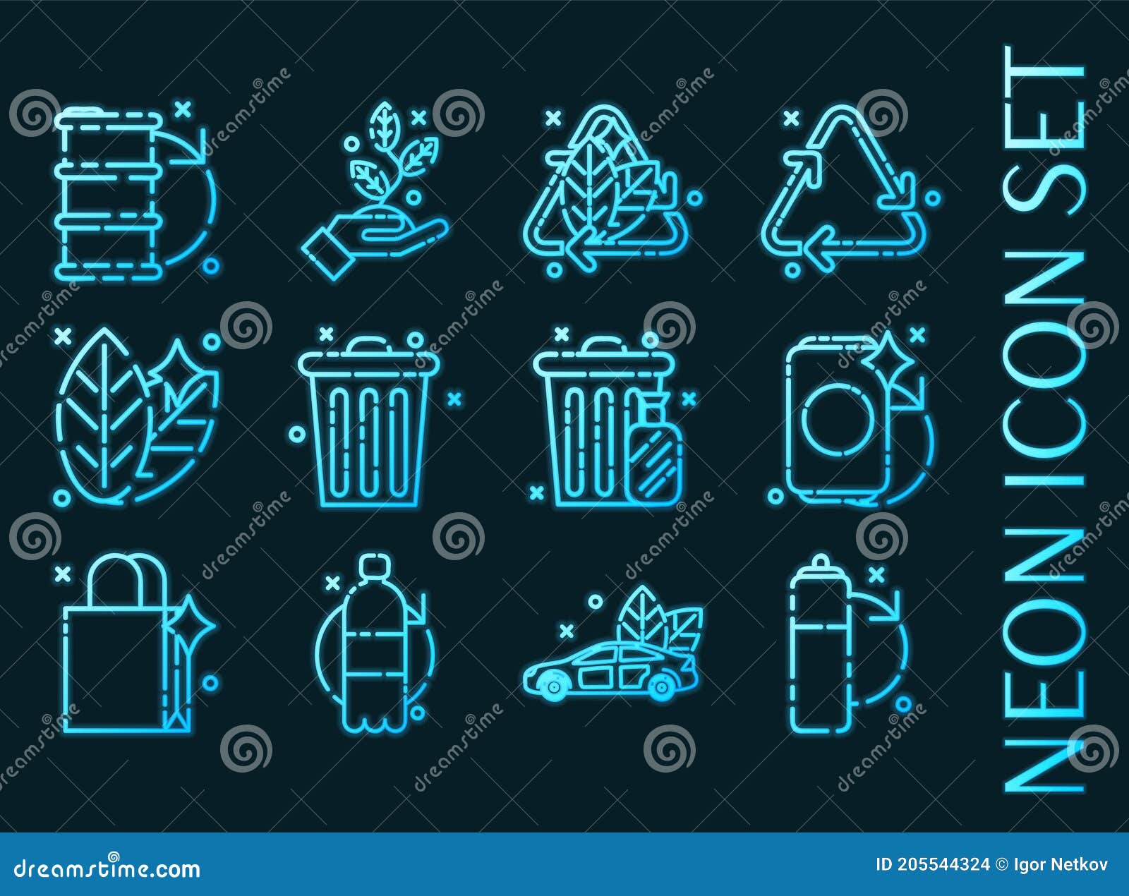 Recycling Set Icons. Blue Glowing Neon Style Stock Vector ...