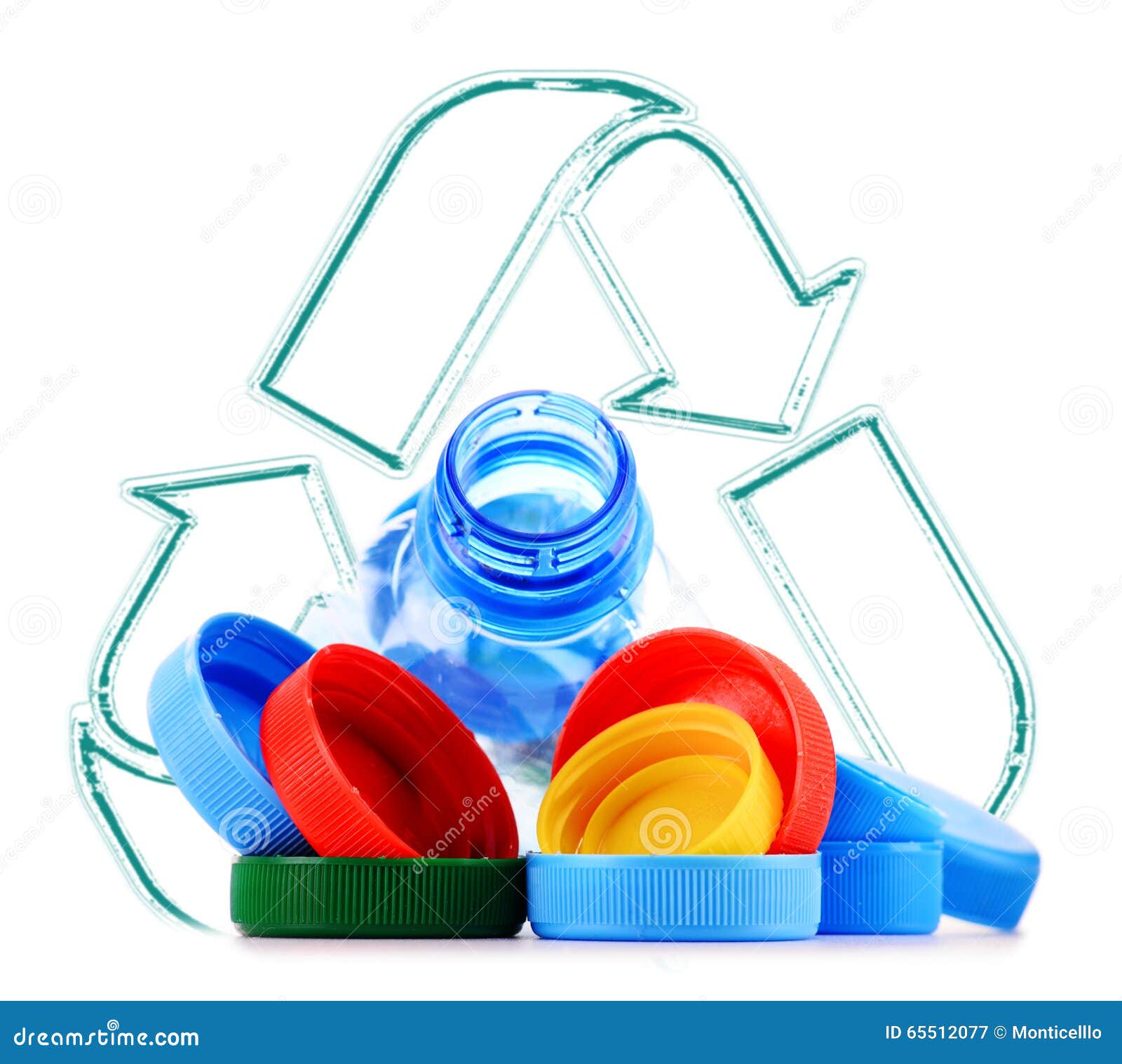 Recycling Sign with Plastic Bottles and Caps Stock Image - Image of ...
