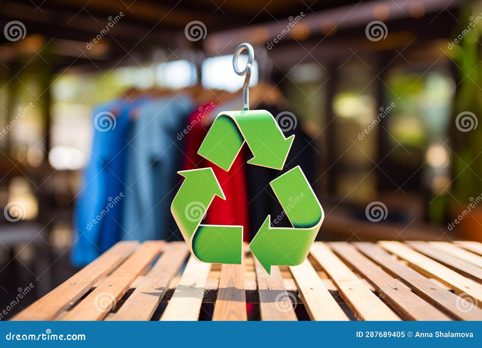 Recycling Sign on Wooden Table in Front of Clothes Store Stock ...