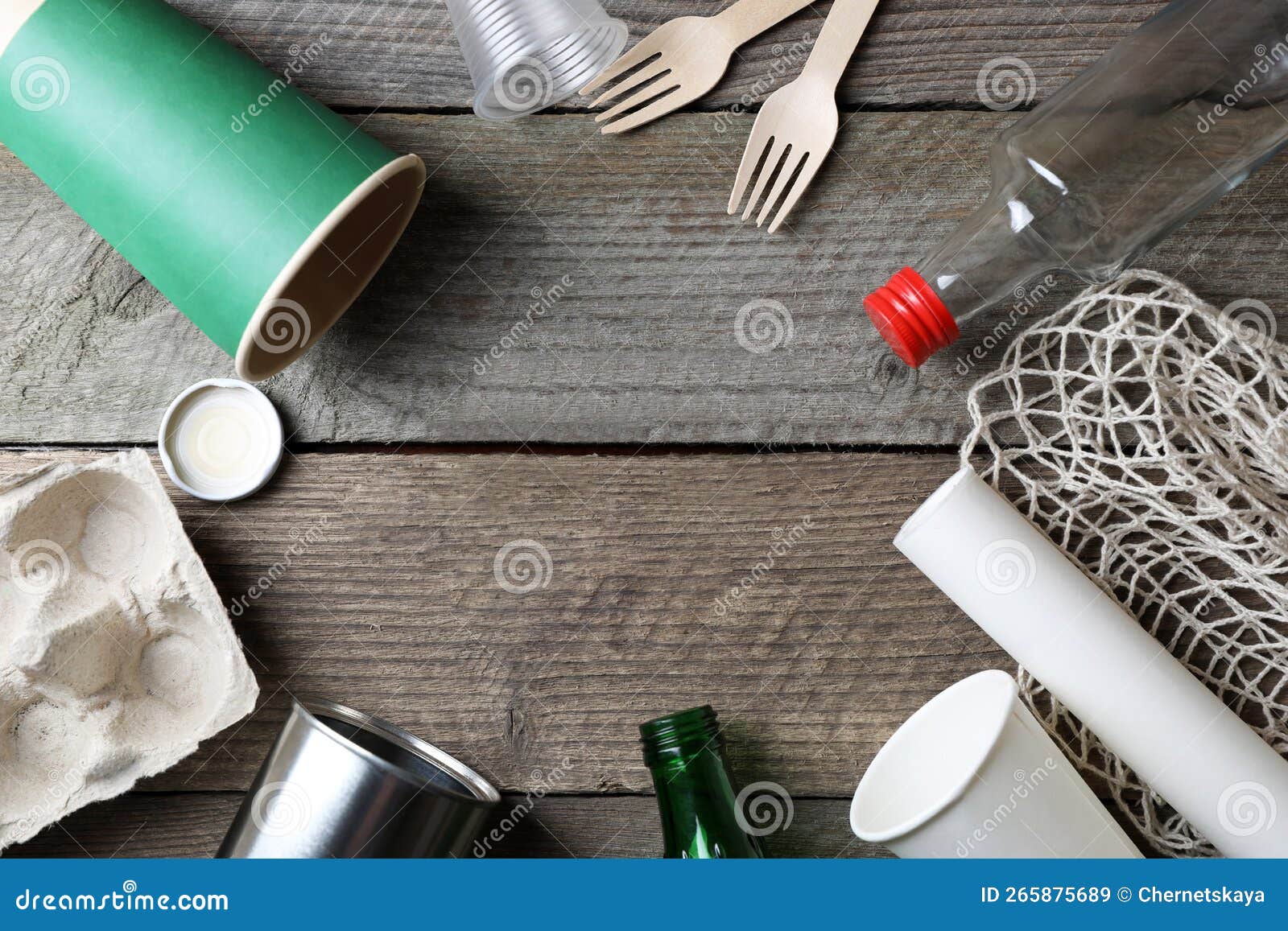 Recycling Symbol and Garbage on Wooden Table, Flat Lay Stock Image ...