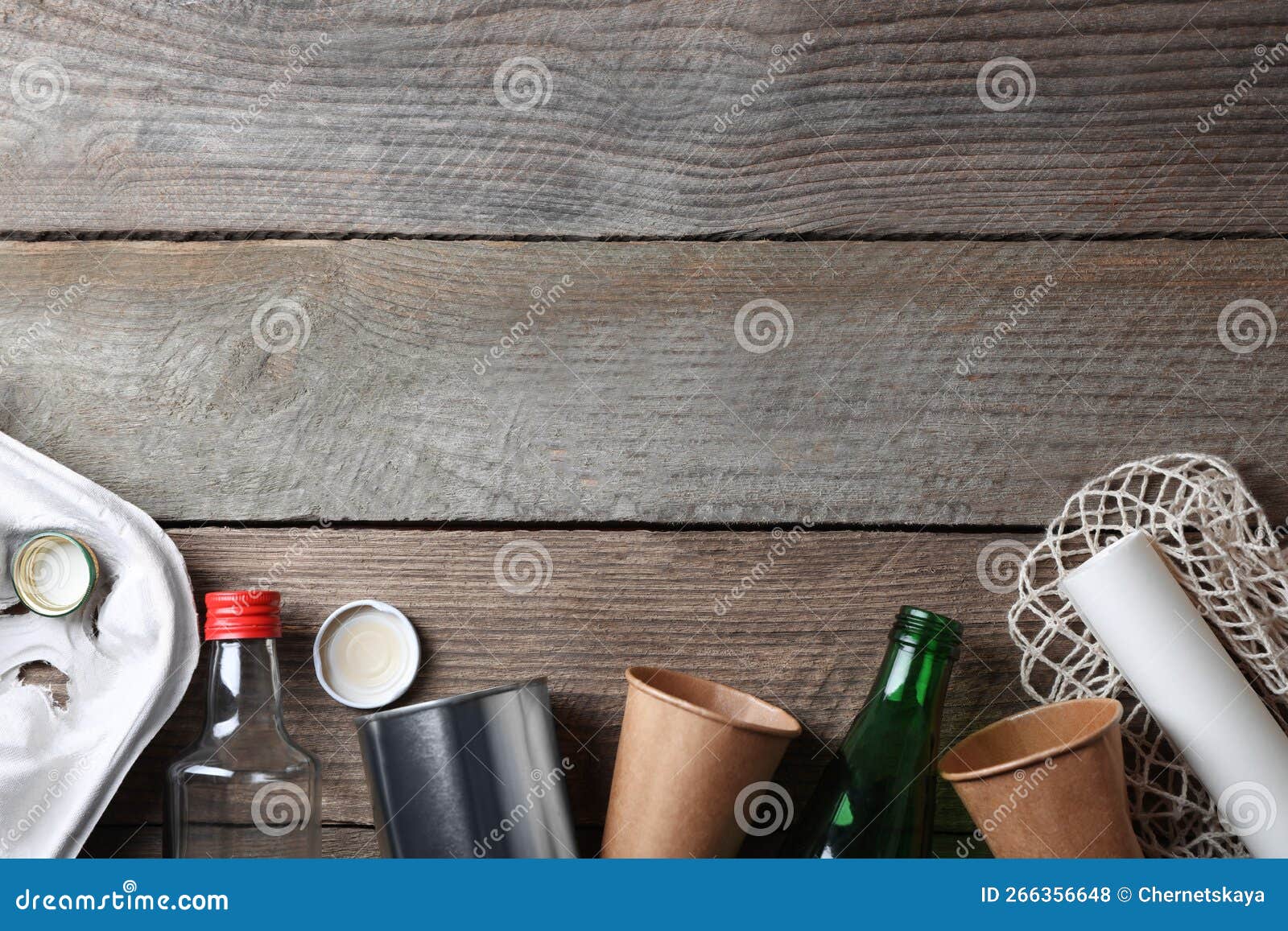 Recycling Symbol and Garbage on Wooden Table, Flat Lay Stock Photo ...